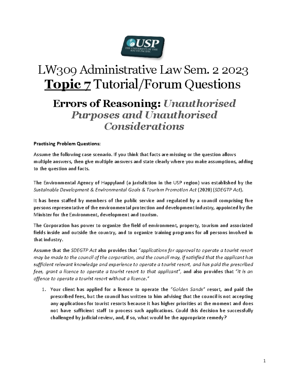 LW309 Topic 7 Tutorial Forum Questions Sem2 2023 - 1 LW309 Administrative Law Sem. 2 2023 Topic ...
