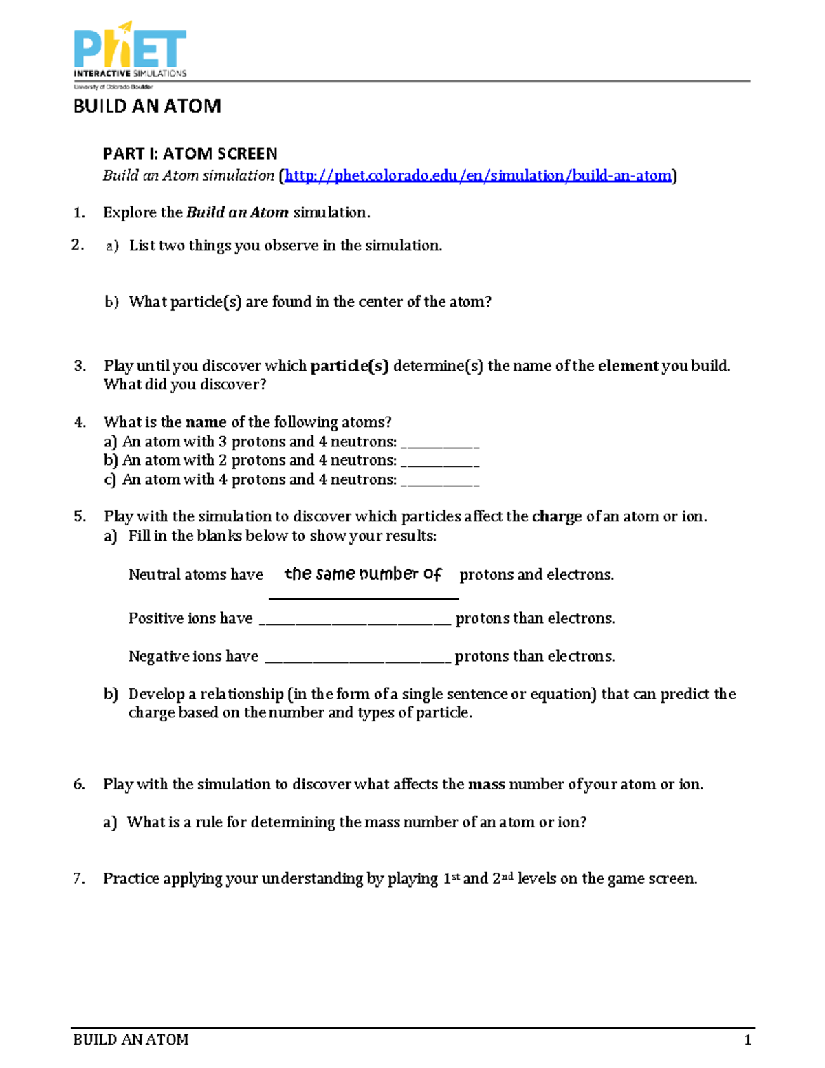 Build an atom Student Sheet - BUILD AN ATOM PART I: ATOM SCREEN Build an Atom simulation - Studocu