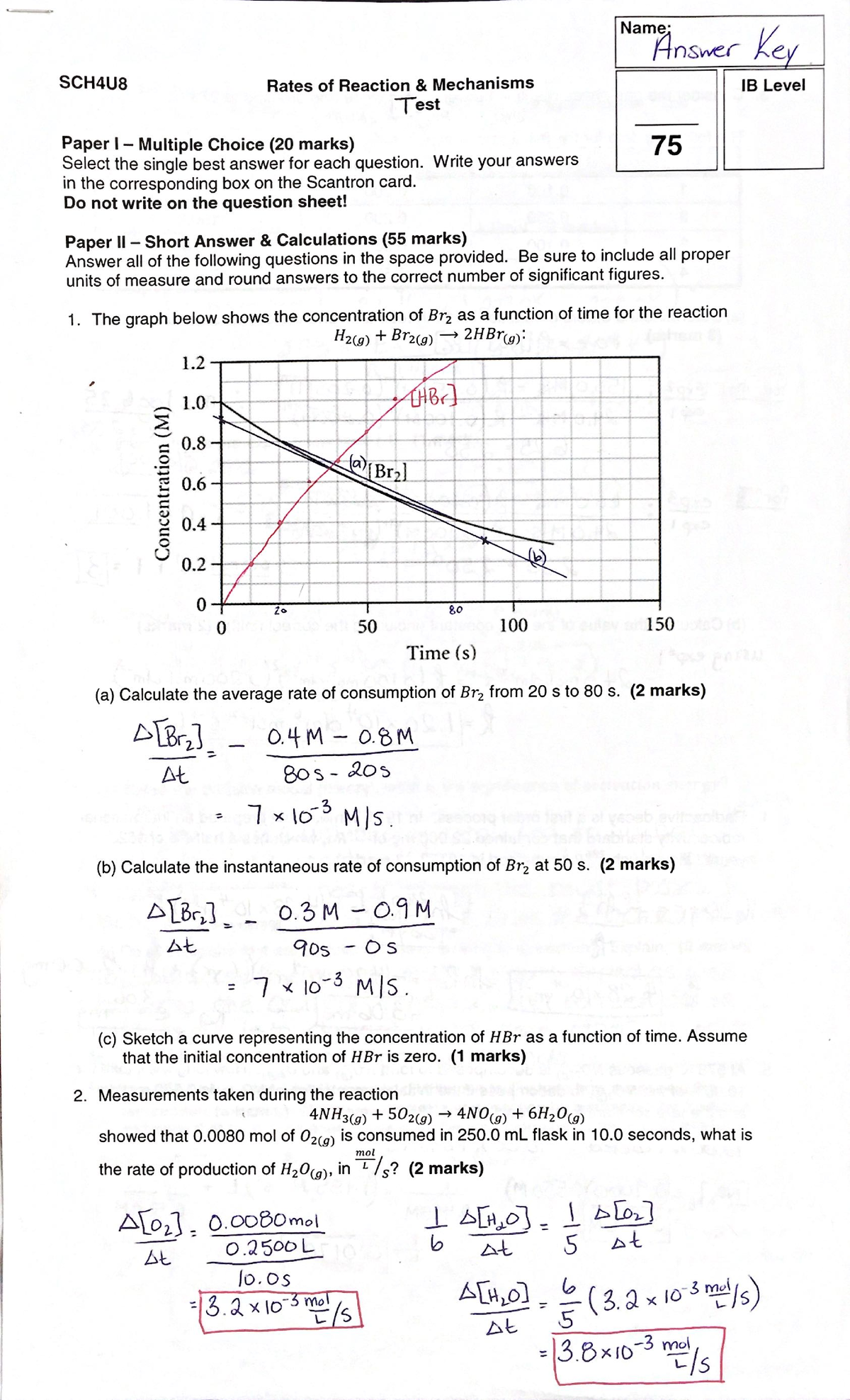 04 - Chemical Kinetics Unit Test - Name: Answer Key SCH4U8 Rates of ...