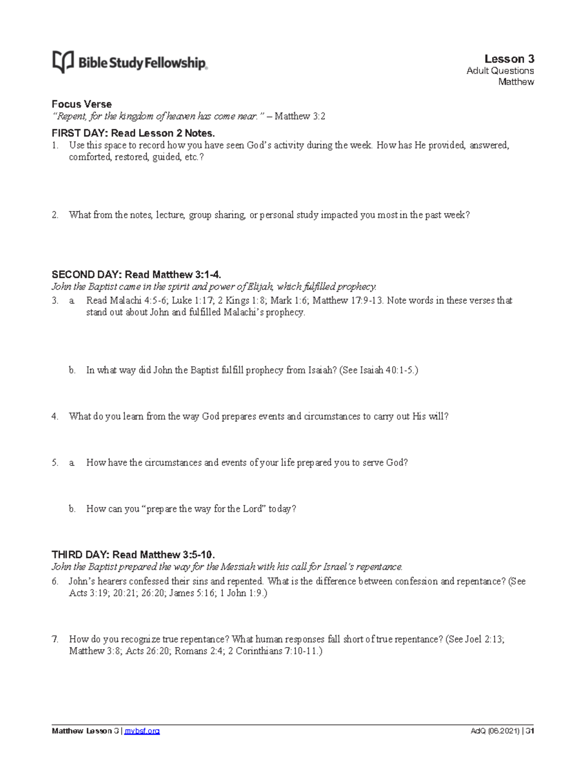 MATT Lesson 3 A Q A - New testement - Matthew Lesson 3 | mybsf AdQ (06 ...
