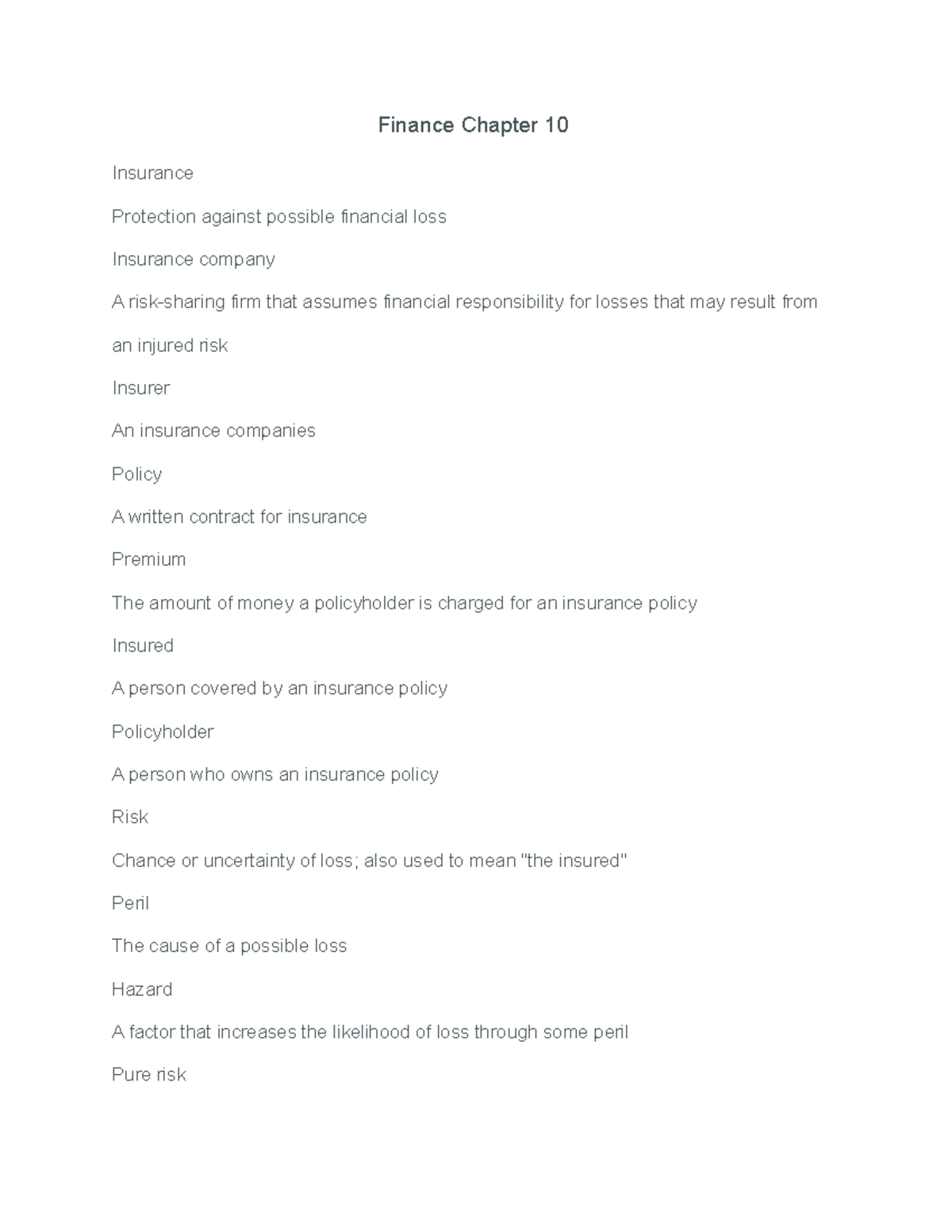 Finance chapter 10 summary - Finance Chapter 10 Insurance Protection ...