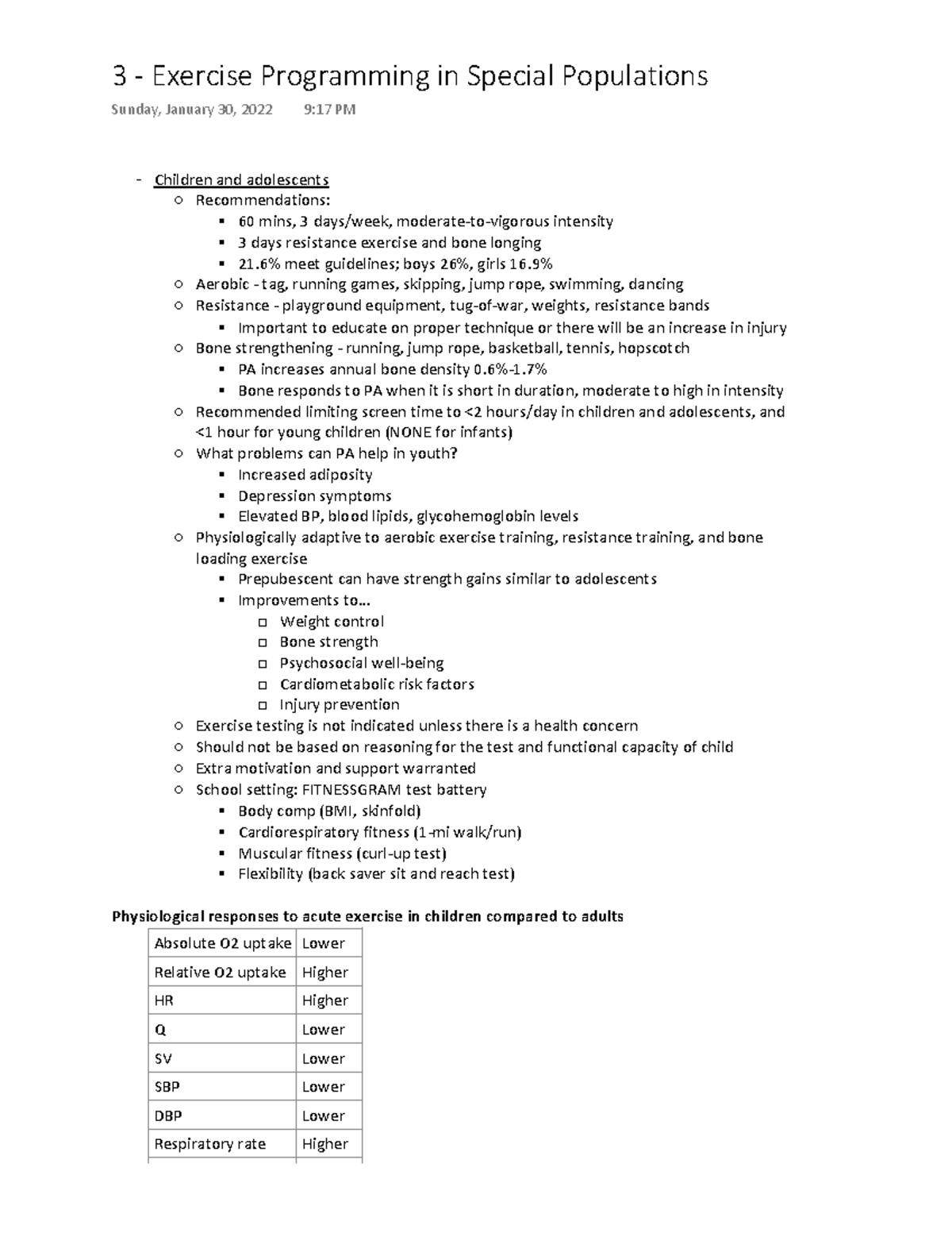 Exercise Programming in Special Populations - Children and adolescents Recommendations: 60 mins ...
