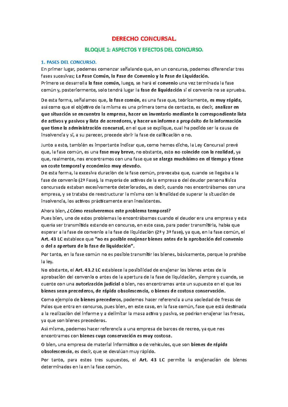 Aspectos y Efectos Del Concurso - DERECHO CONCURSAL. BLOQUE 1: ASPECTOS Y EFECTOS DEL CONCURSO ...