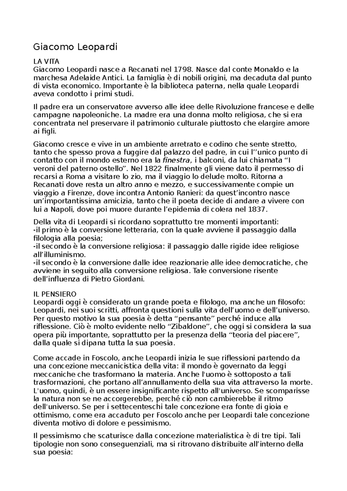 Giacomo Leopardi - Nasce dal conte Monaldo e la marchesa Adelaide ...
