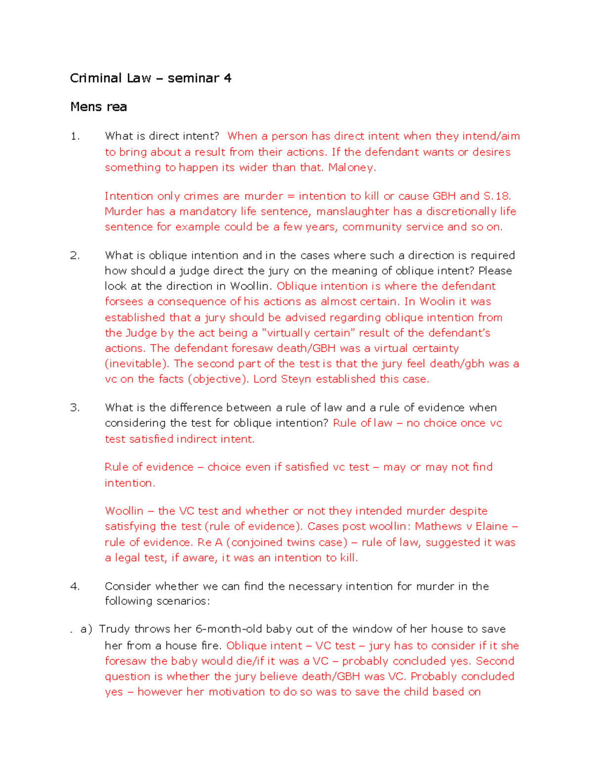 Criminal Law – seminar 4 - Criminal Law – seminar 4 Mens rea What is ...