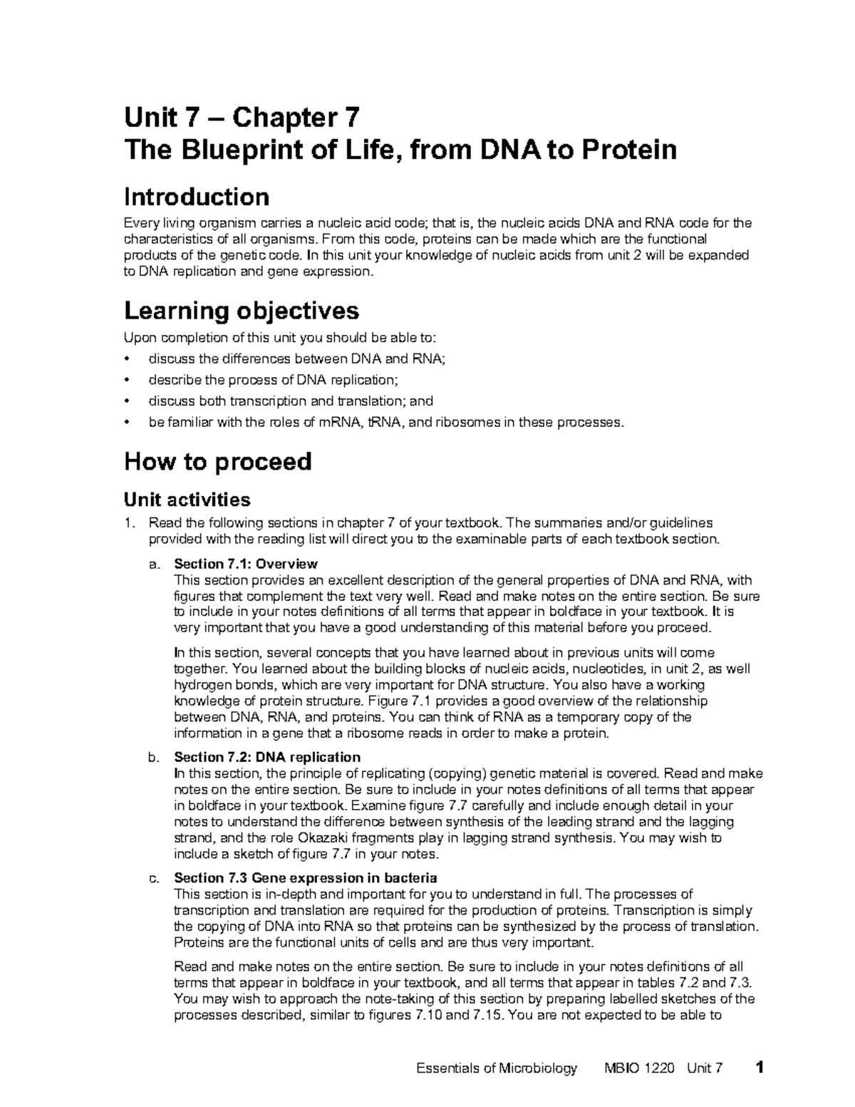 Unit7 9th ed - Essentials of Microbiology MBIO 1220 Unit 7 1 Unit 7 – Chapter 7 The Blueprint of ...