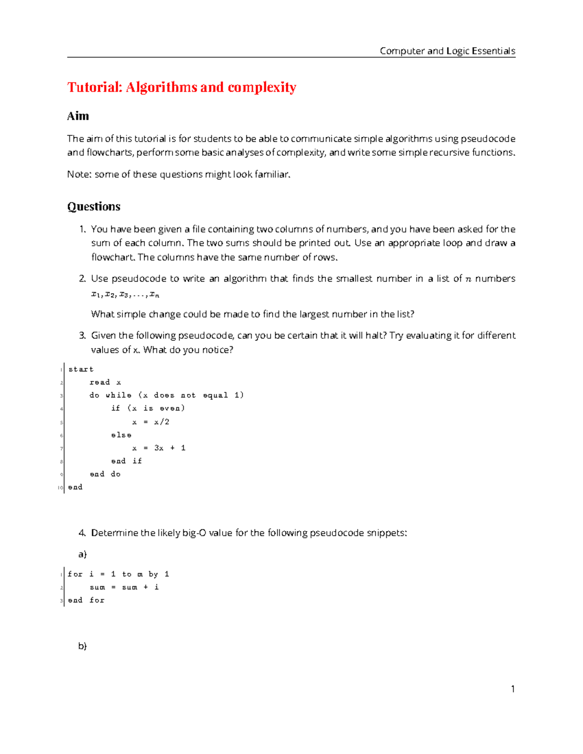 COS10003-tutorial 08 - ComputerandLogicEssentials Tutorial: Algorithms and complexity Aim - Studocu