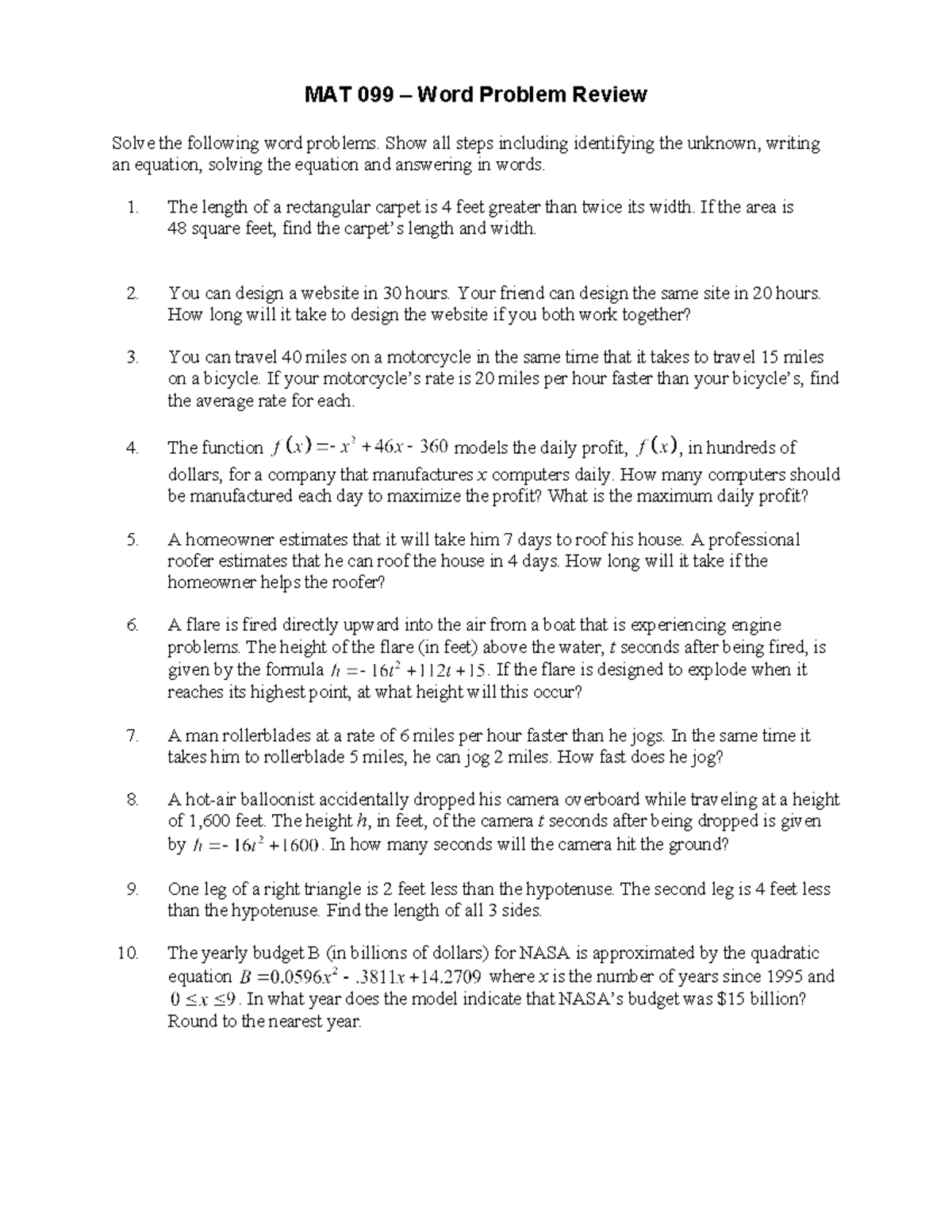 Word+Problem+Review - Final review - MAT 099 – Word Problem Review ...