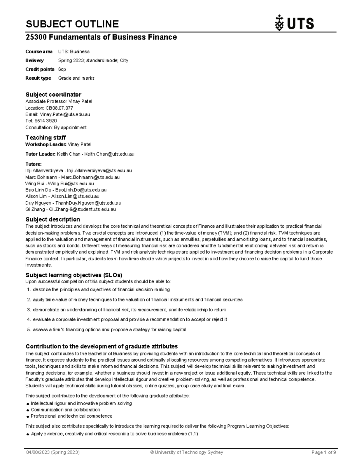 PDFs - Outline - SUBJECT OUTLINE 25300 Fundamentals of Business Finance ...