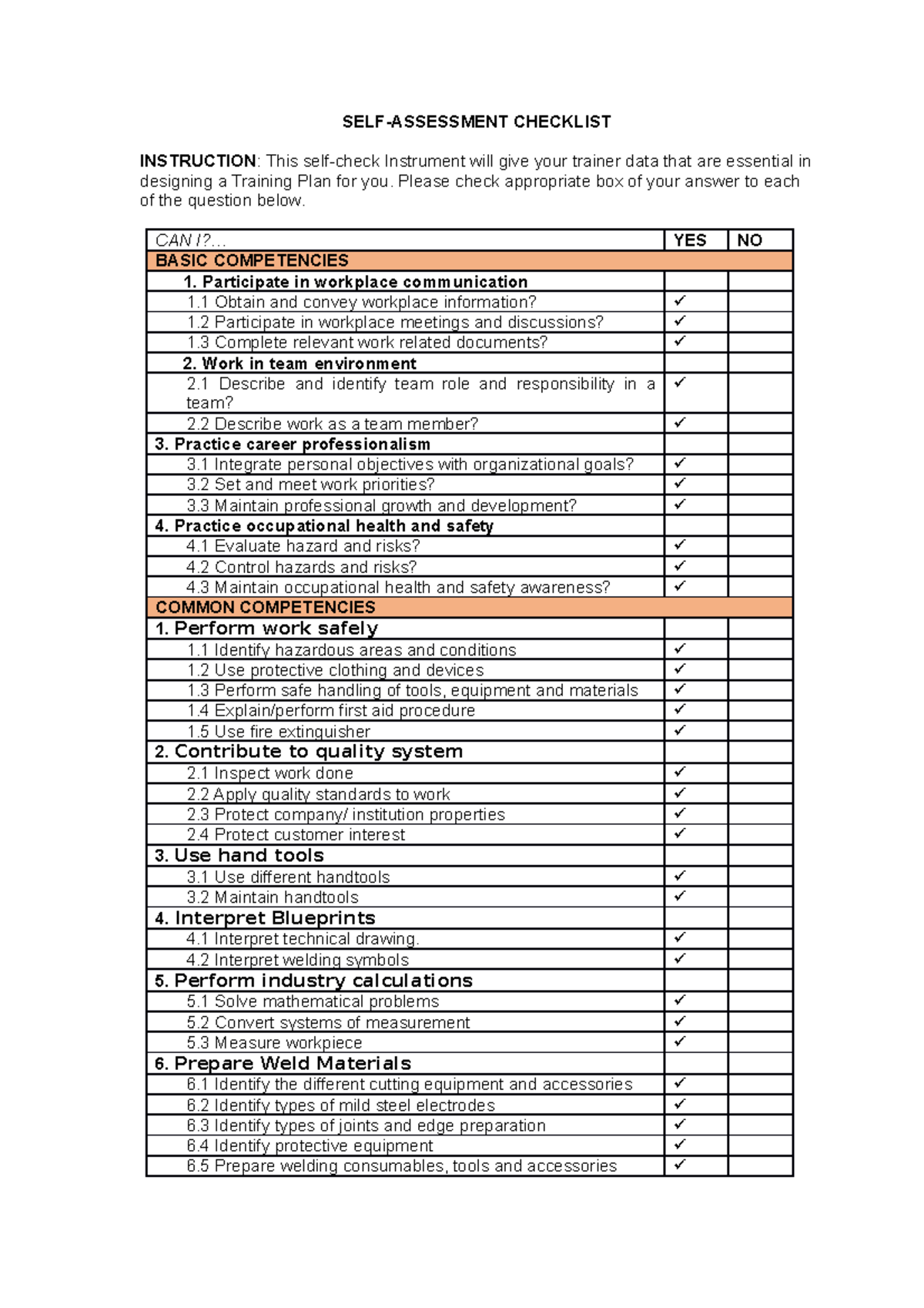 Form 1 - Trainers Methodology /Supervising - SELF-ASSESSMENT CHECKLIST INSTRUCTION : This self ...