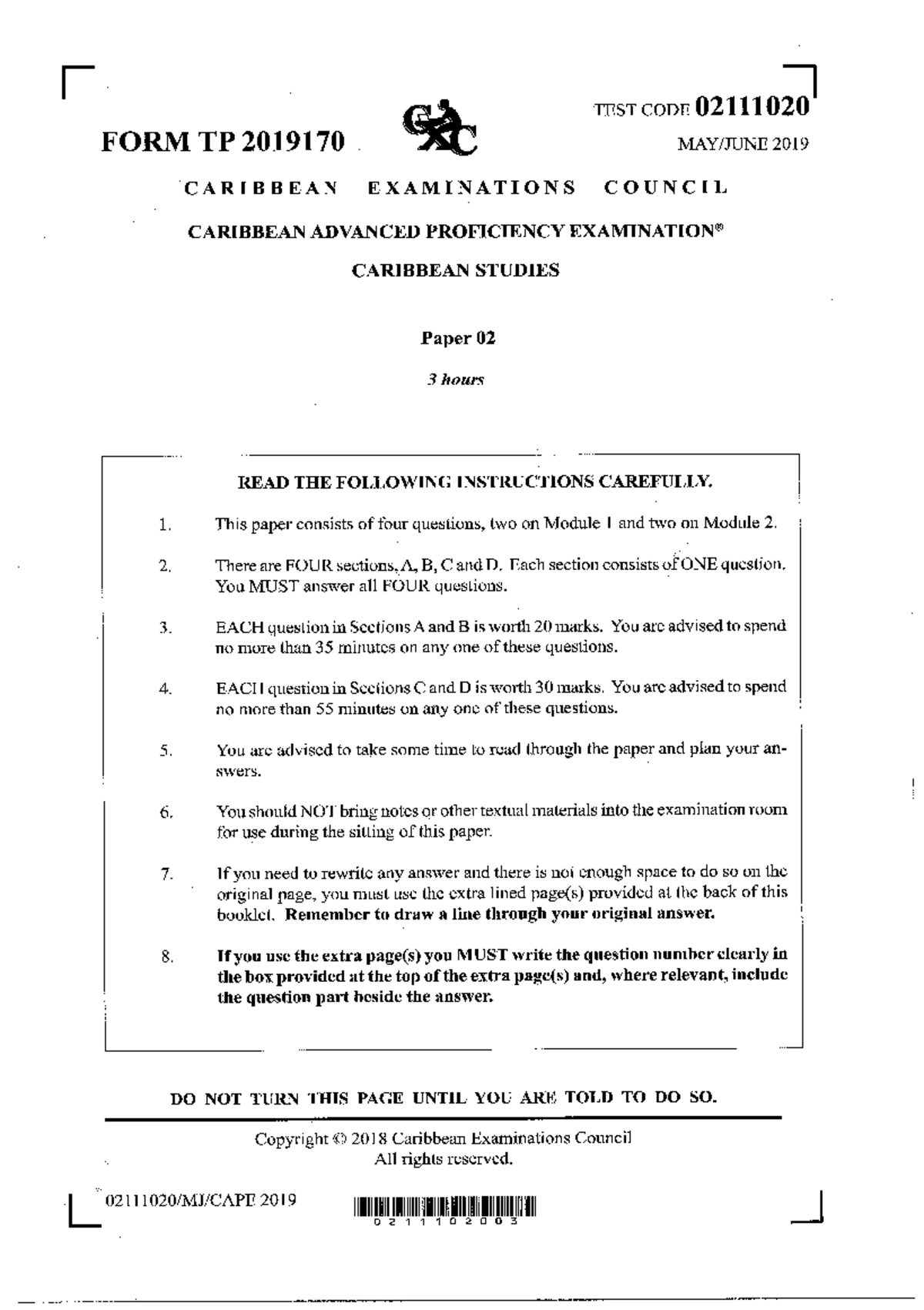 525898227 CAPE Caribbean Studies 2019 P2 pdf - TEST CODE FORM TP ...