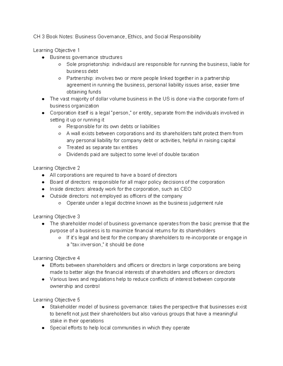 CH 3 Book Notes - Business Governance, Ethics, and Social ...