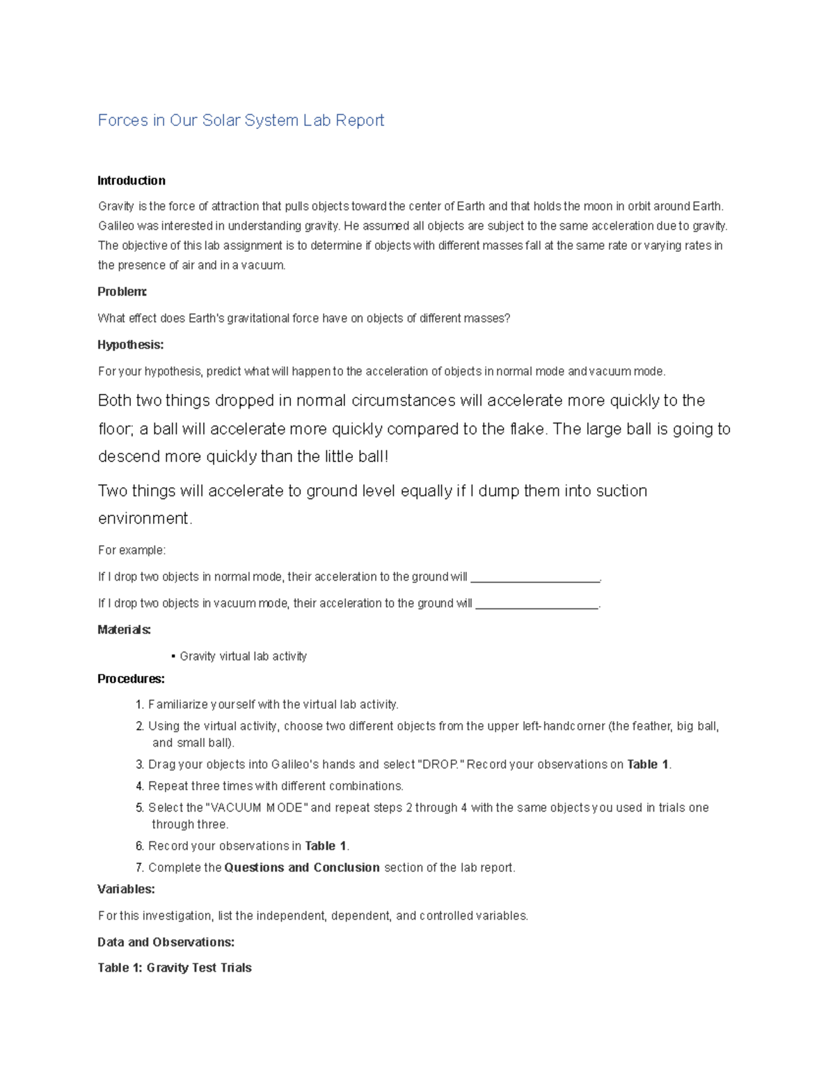 8.2 earth space sciences - Forces in Our Solar System Lab Report ...