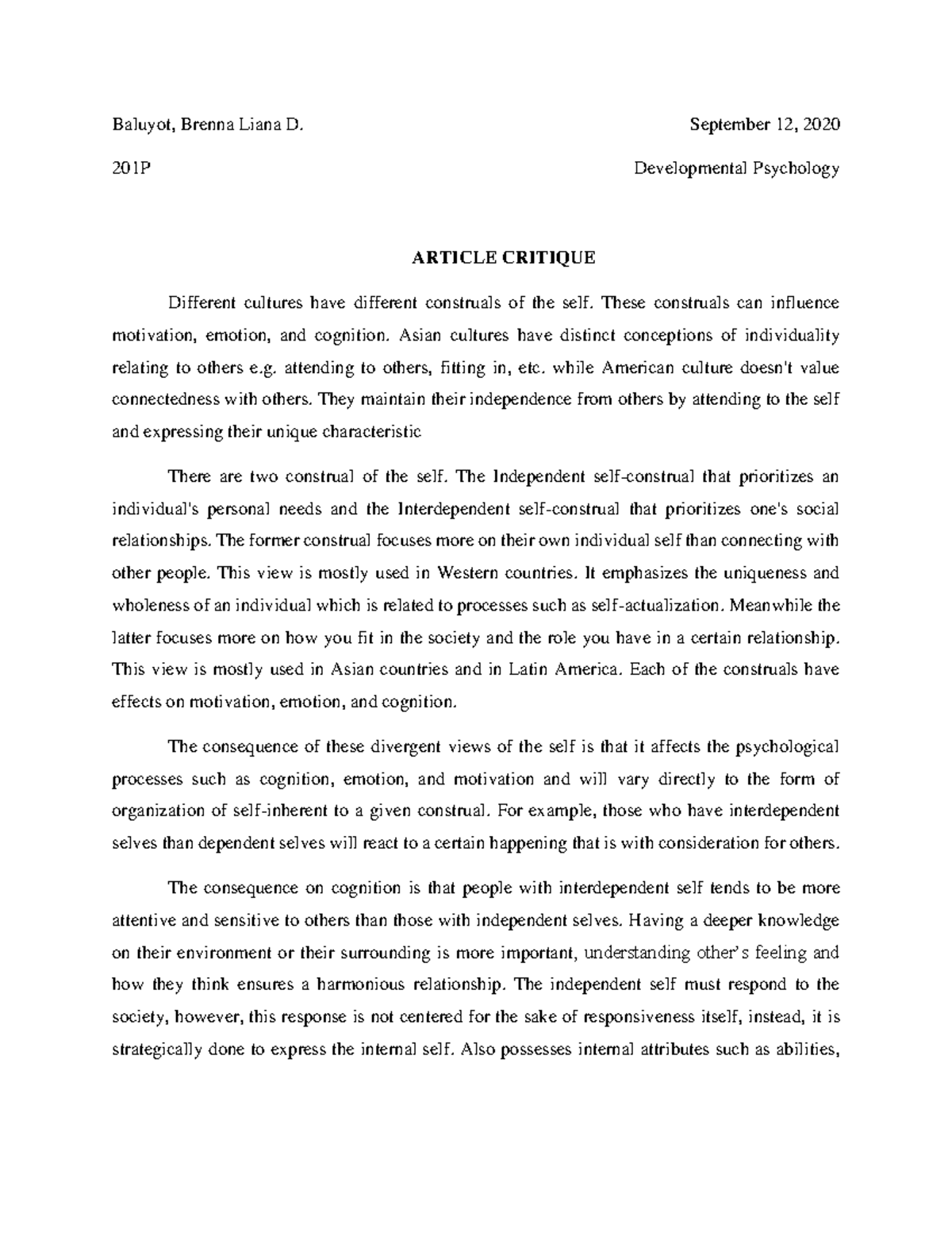 Critique Paper of the culture and the self, the concepts of independent ...