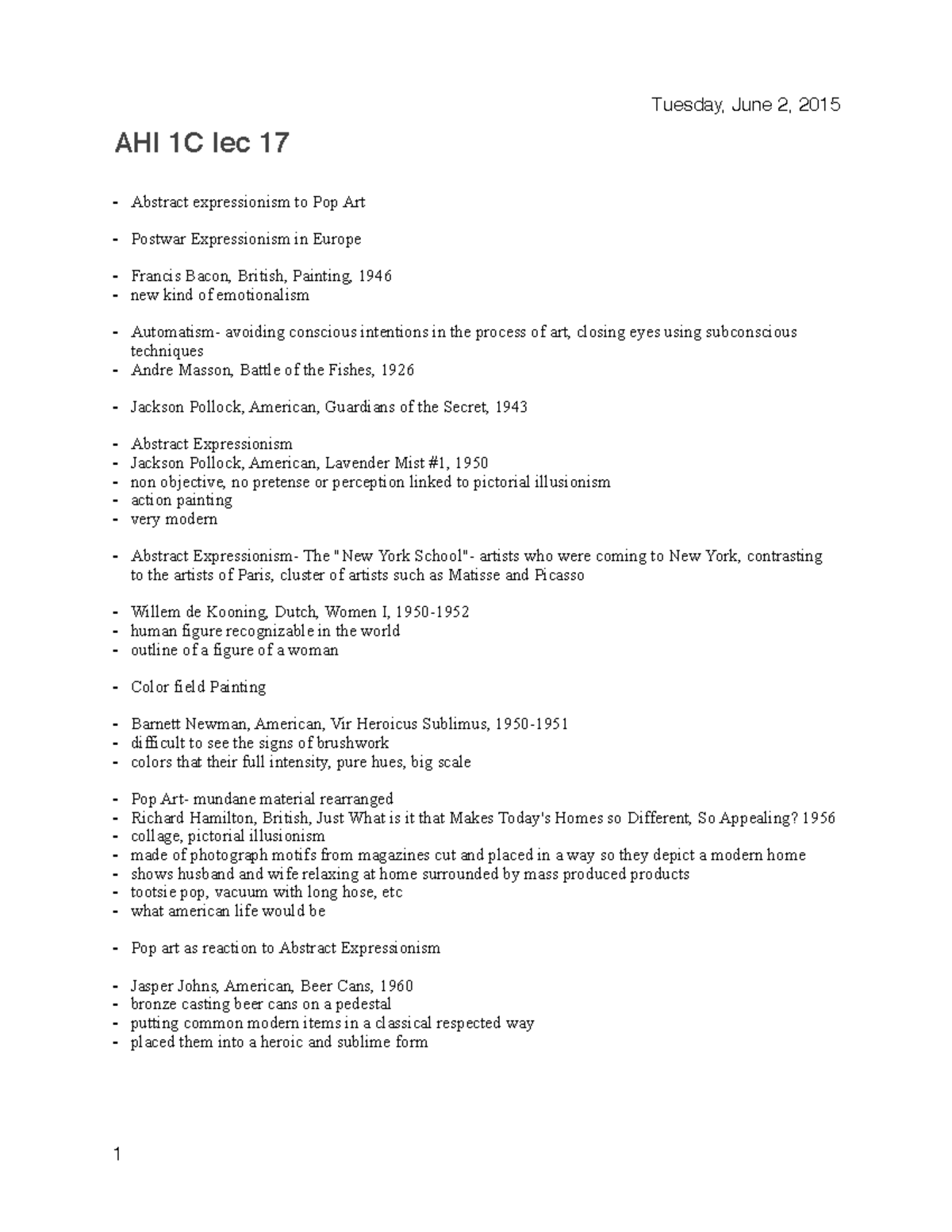 AHI 1C lec 17 - Lecture notes 17 - Tuesday, June 2, 2015 AHI 1C lec 17 ...