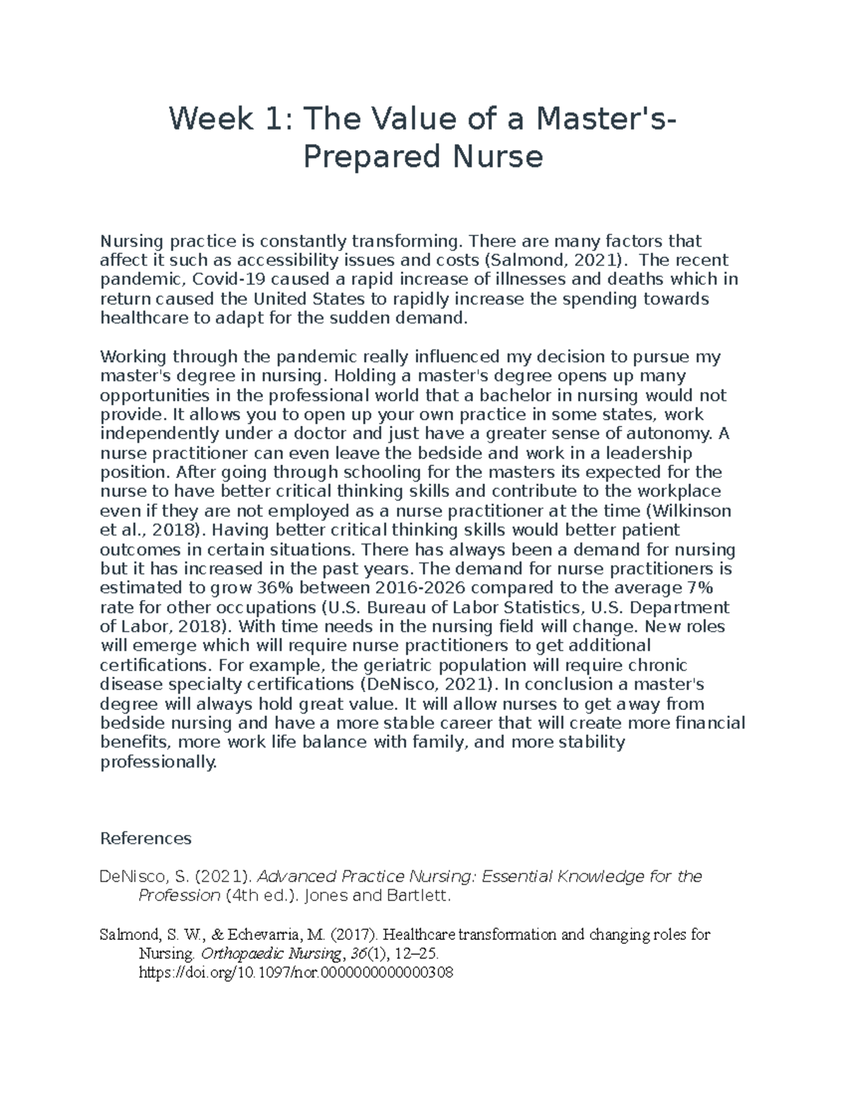 Week 1 Discussion - Week 1: The Value of a Master's- Prepared Nurse ...