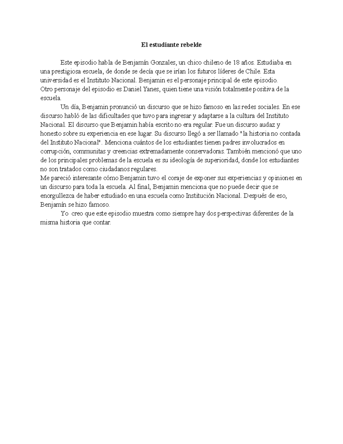Spanish. reporte - Essay about the film and audio "estudiante rebelde ...