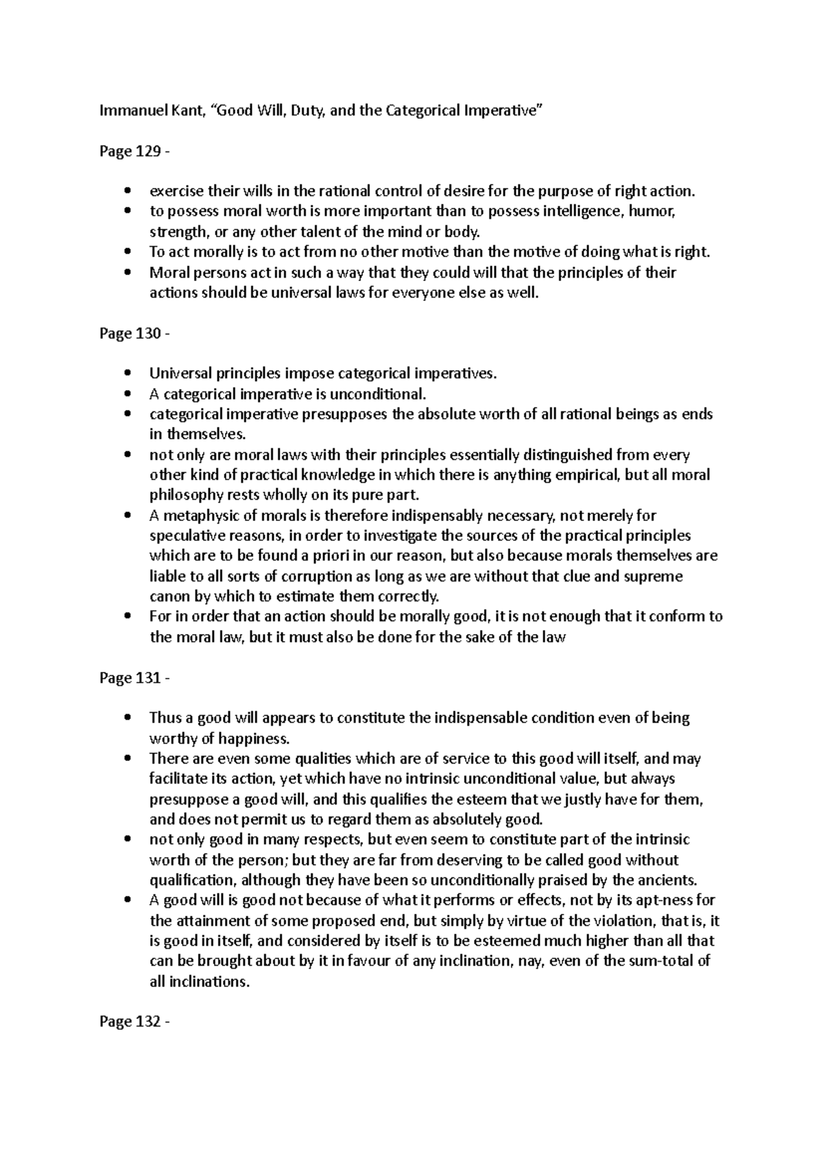 Pre-Reading Notes Week 4 - Immanuel Kant, “Good Will, Duty, and the ...