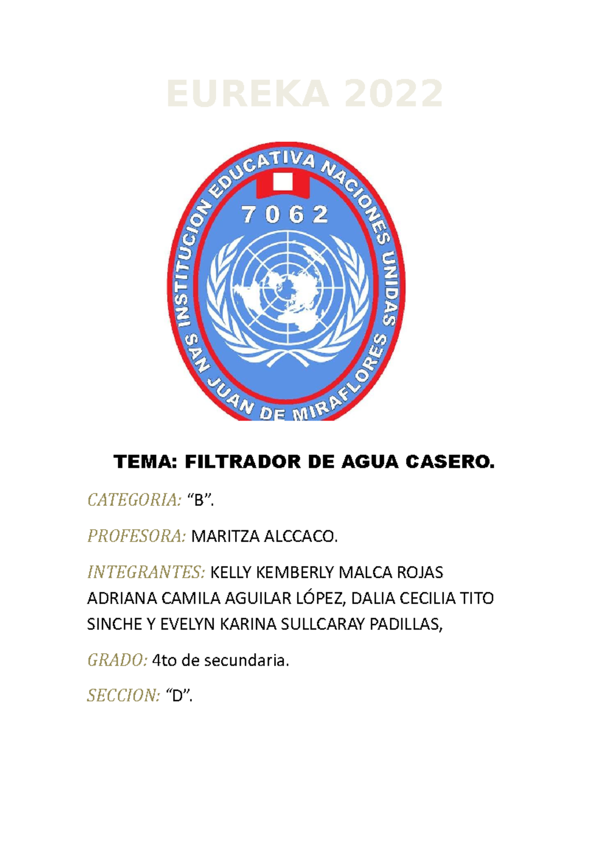 Eureka 2022 - hgfdsasdfghjk - EUREKA 2022 TEMA: FILTRADOR DE AGUA ...