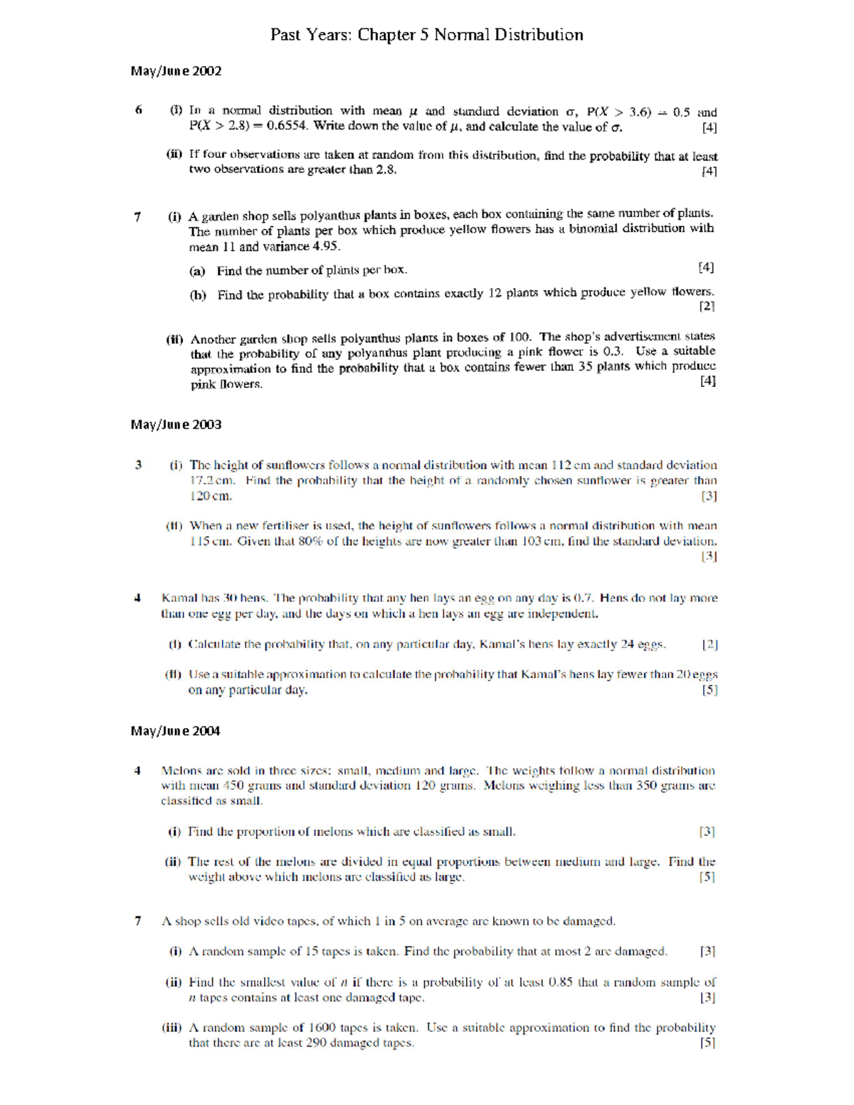 Chapter 5 The Normal Distribution (Past Years 2002 to 2010 ...