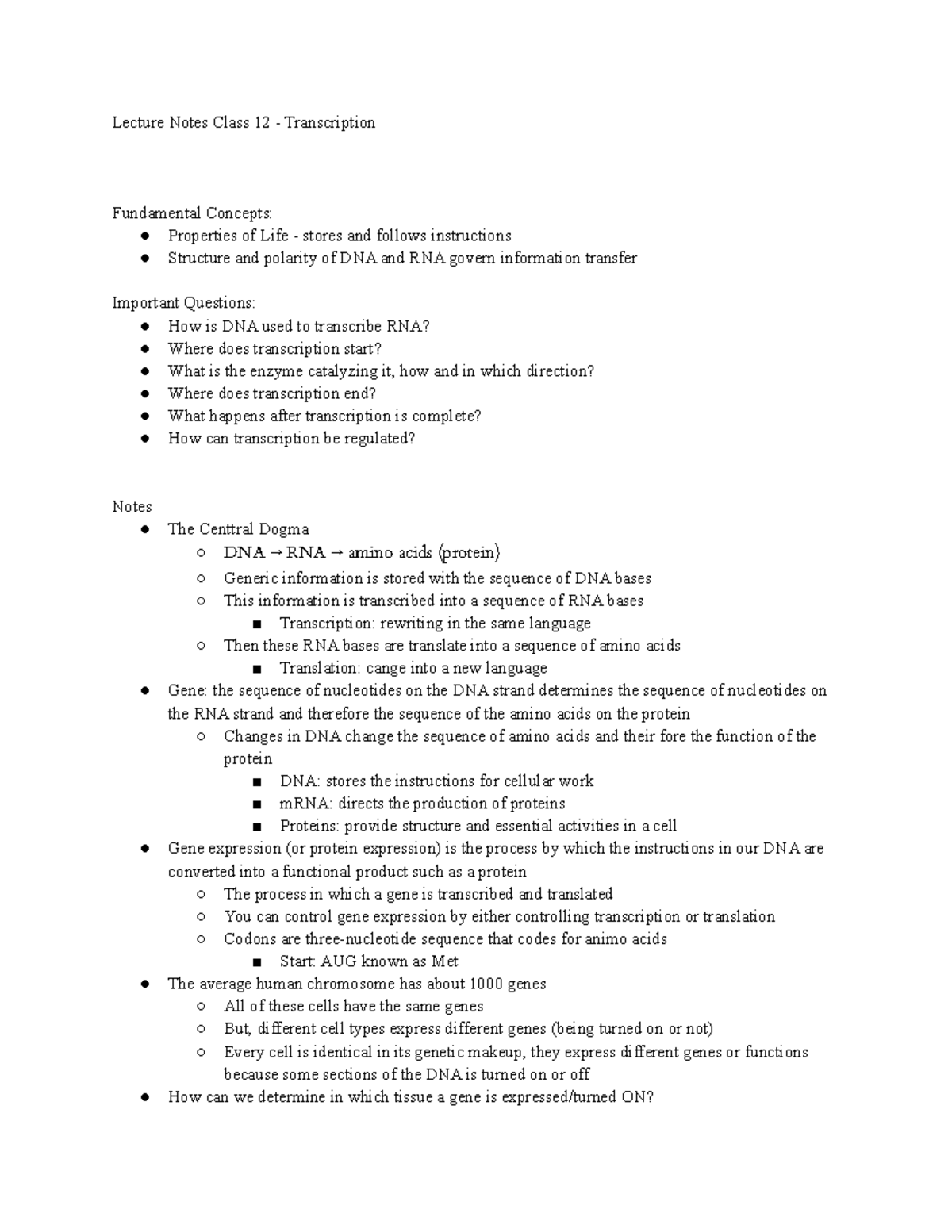 Class 12 - Transcription - Lecture Notes Class 12 - Transcription ...