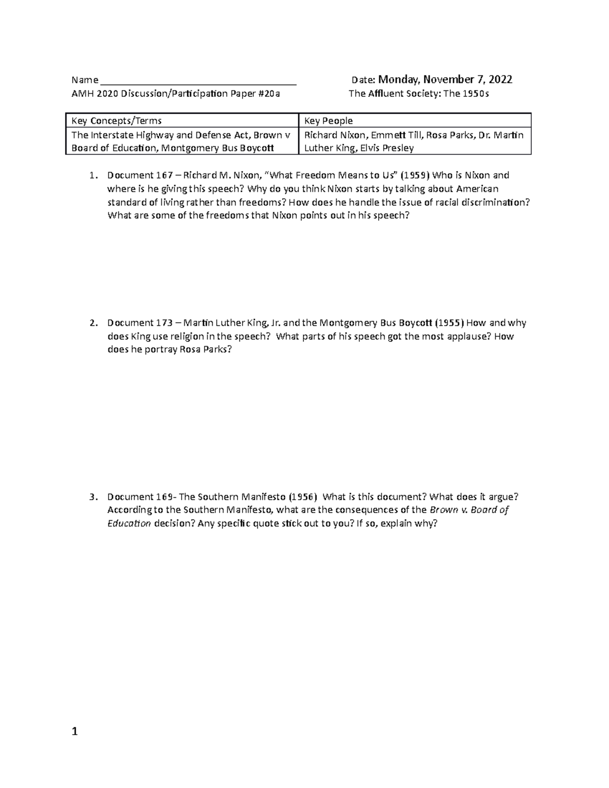 AMH 2020 DP #20a The Affluent Society The 1950s - Name ____________________________________ Date ...