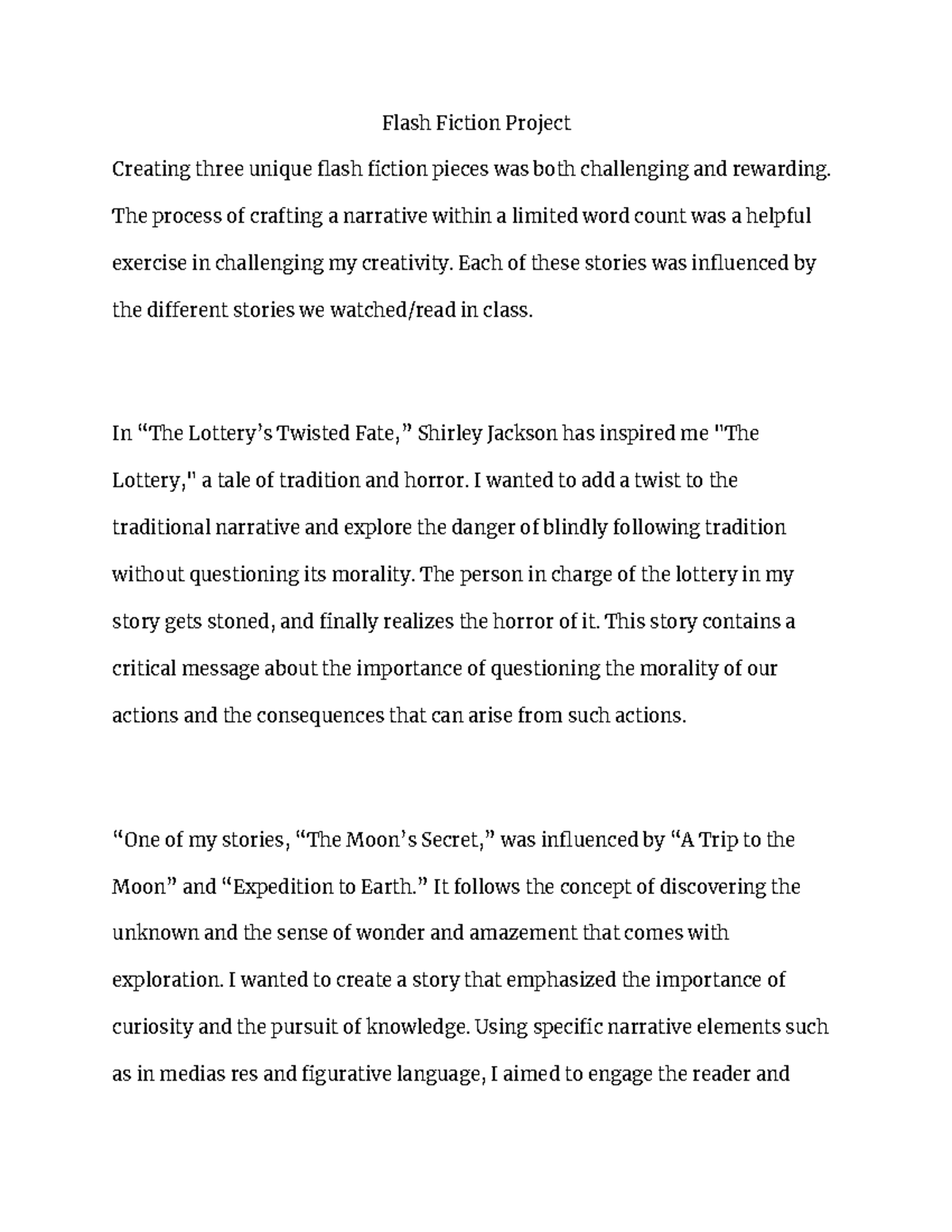 Flash Fiction Full Project - Flash Fiction Project Creating three ...