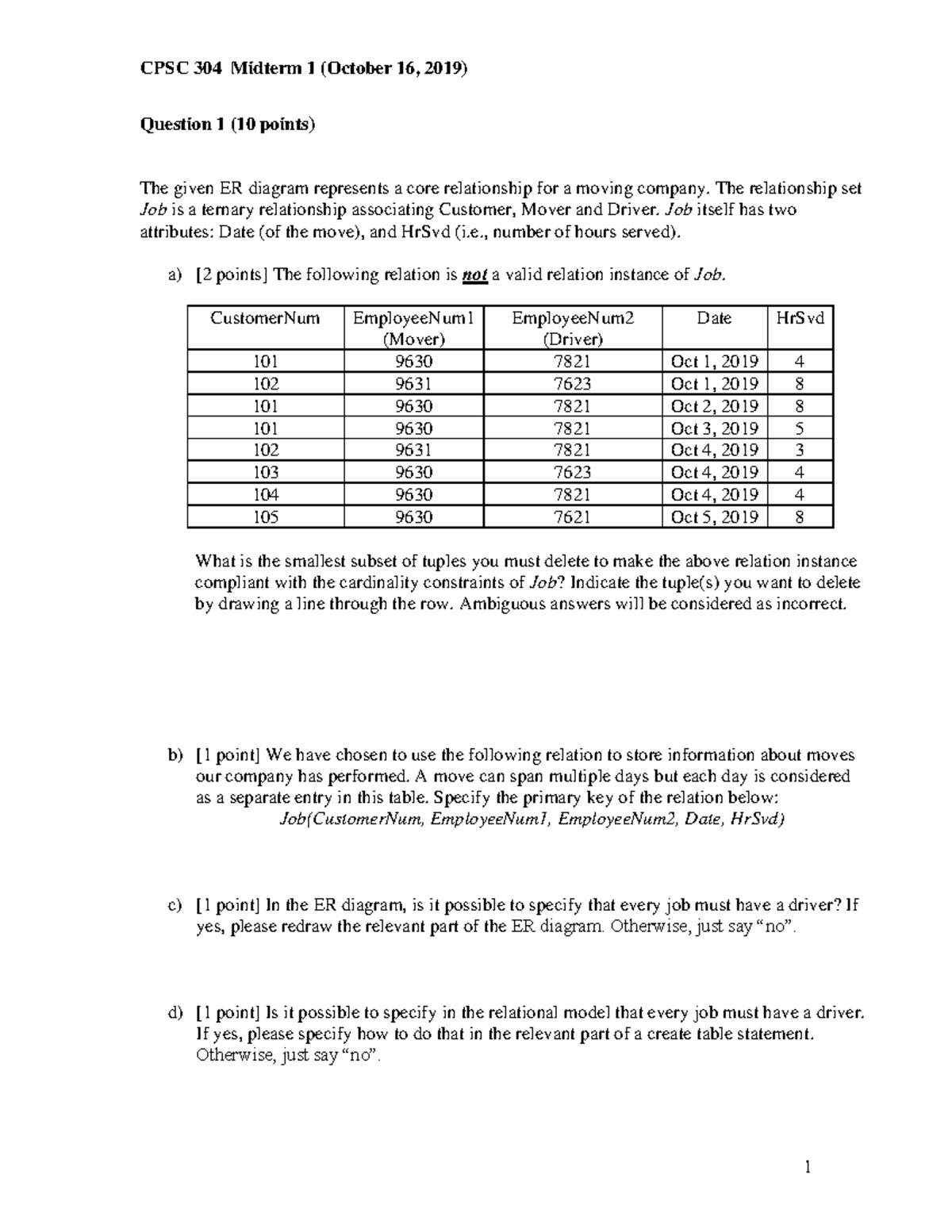 Cpsc 304 Midterm 2019 N A Question 1 10 Points The Given Er Diagram Represents A Core