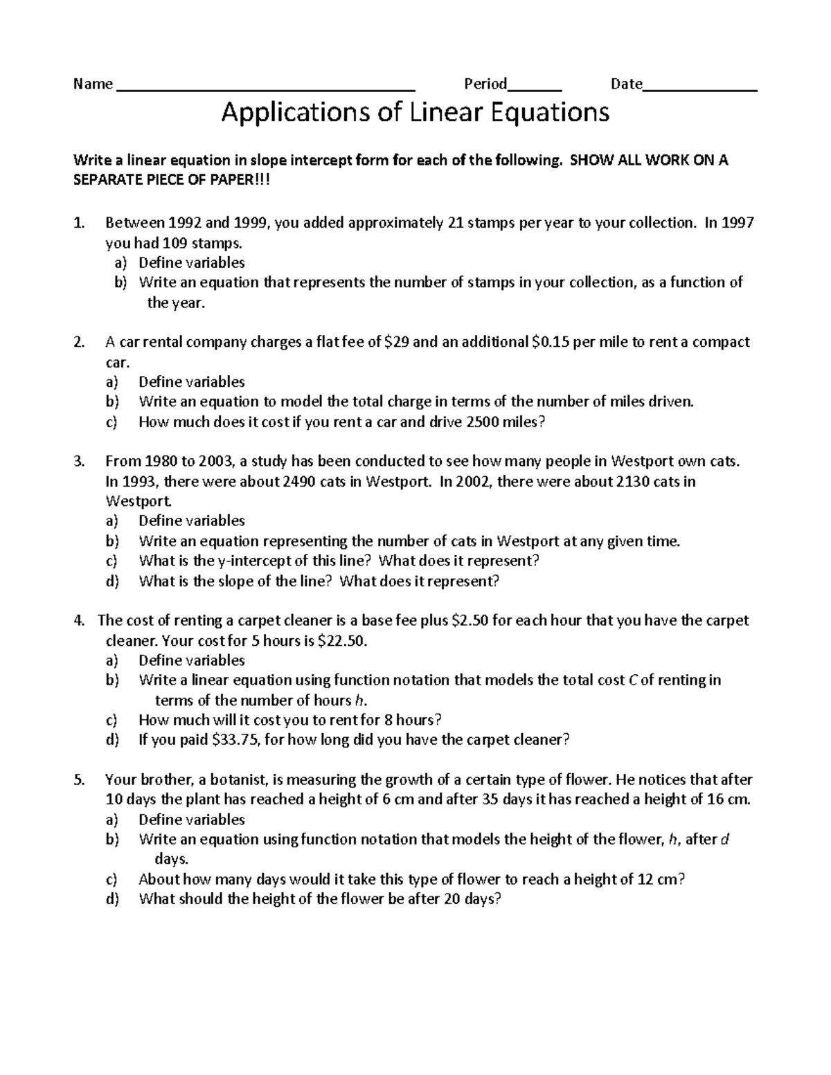 0f 3-Applications of Linear Equations - Name Period Date Applications ...