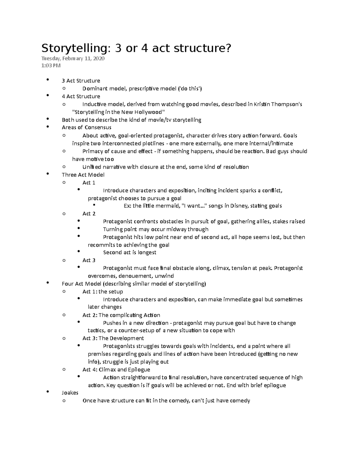 Storytelling 3 Or 4 Act Structure Lecture Notes Storytelling 3 Or 4