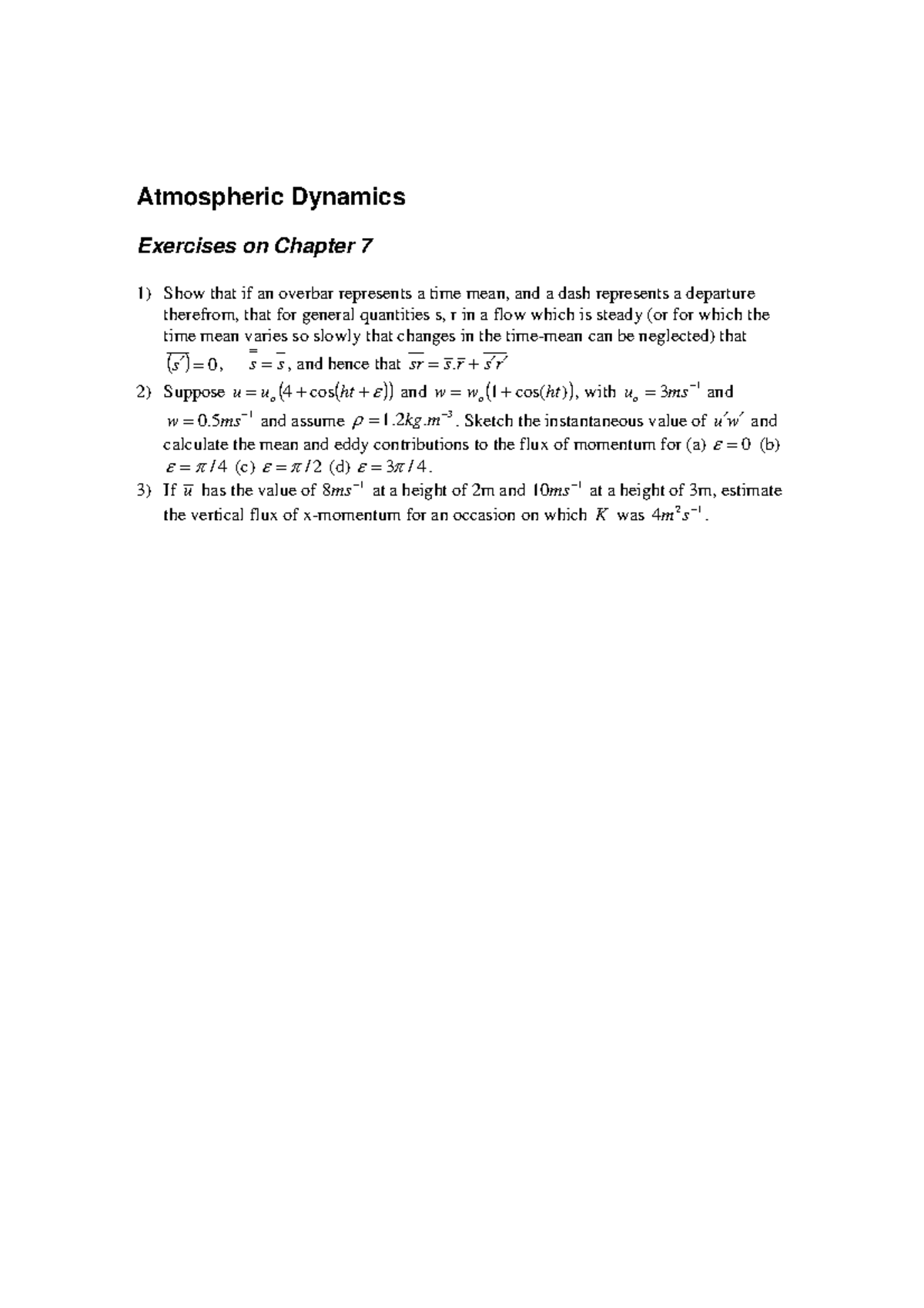 Tutorial 07 Questions Chapter 07 Atmospheric Dynamics Exercises On