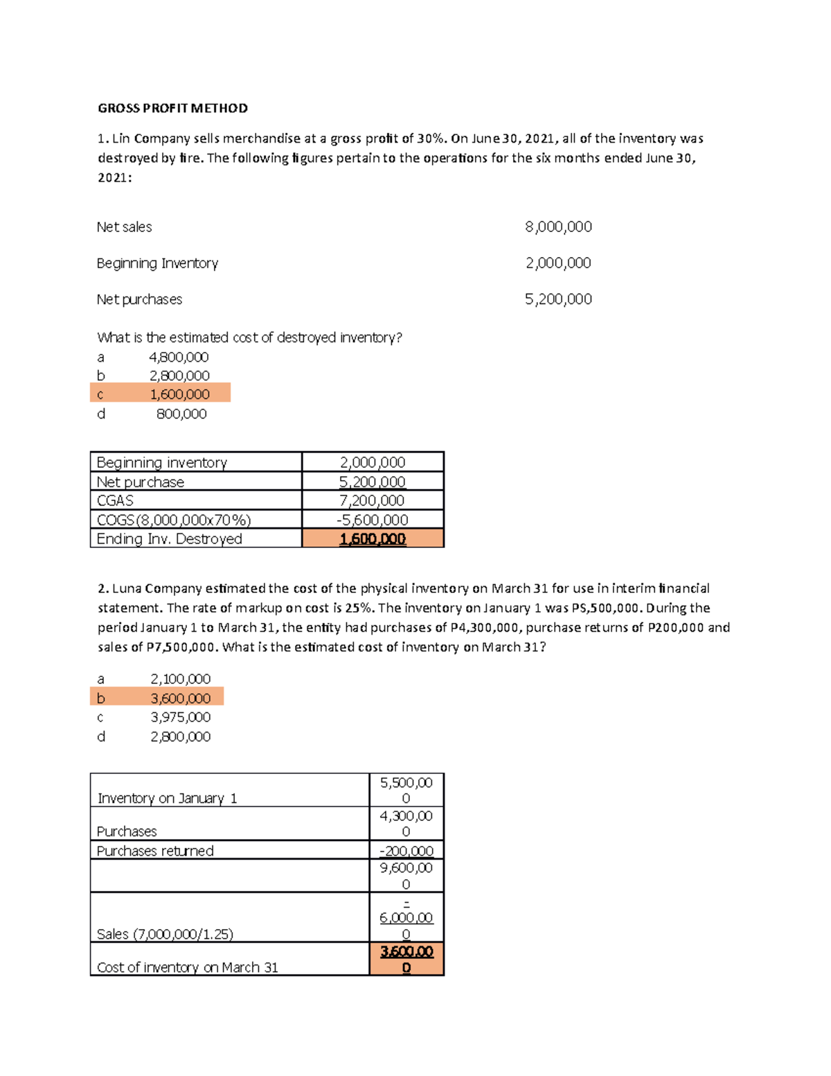 Accounting - Gross Profit Method - GROSS PROFIT METHOD 1. Lin Company ...