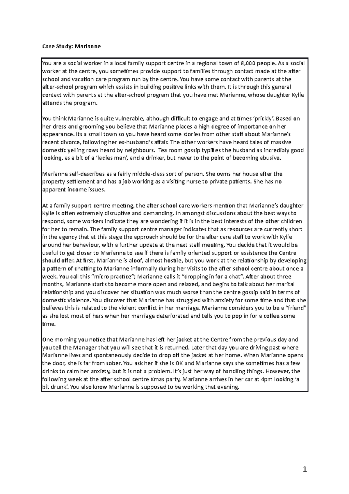 Case study - Marianne 2022 - Case Study: Marianne You are a social ...