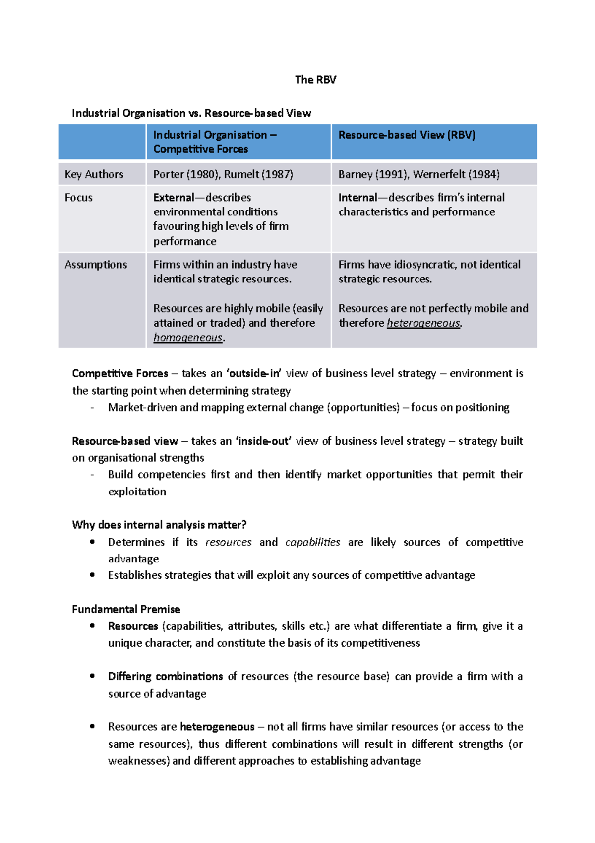 The RBV Revision - Lecture notes 7 - The RBV Industrial Organisation vs ...
