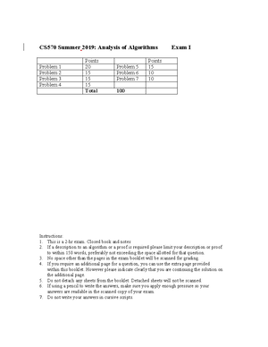 2018 - Fall - Sol - This is exam paper - CS570 Fall 2018: Analysis of Algorithms Exam I Points ...