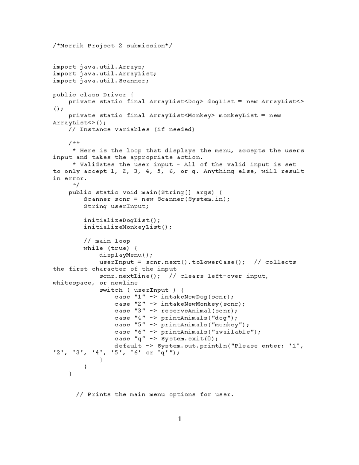 IT 145 - Project 2 Submission - Driver.java class - /Merrik Project 2 submission/ import java ...