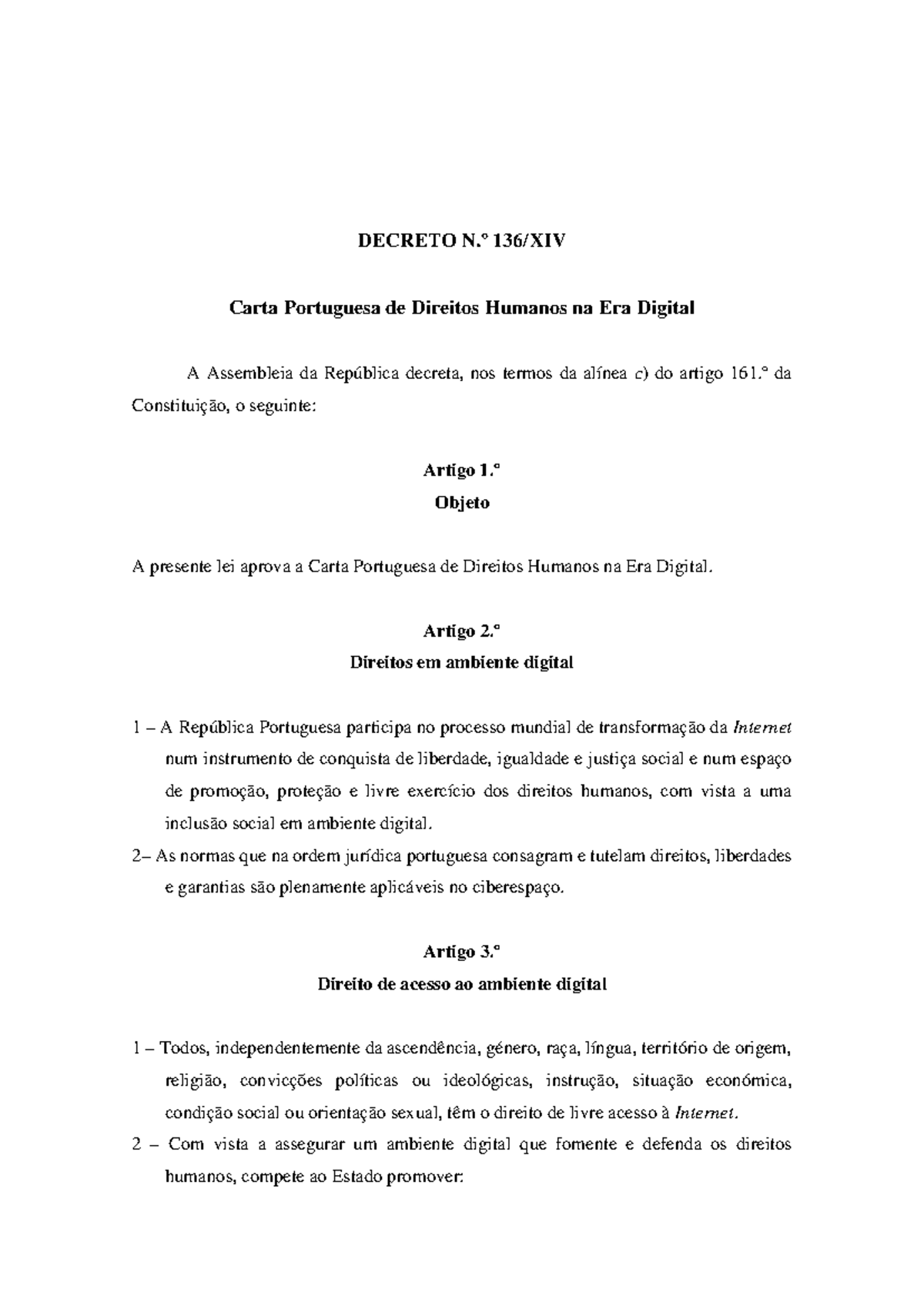 Carta de Direitos Humanos na Era Digital - DECRETO N.º 136/XIV Carta ...