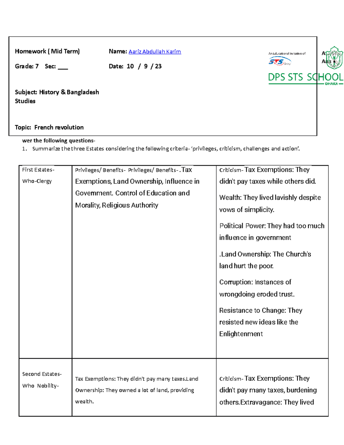 Aariz Abdullah Karim - French Revolution H - A. Ans wer the following ...