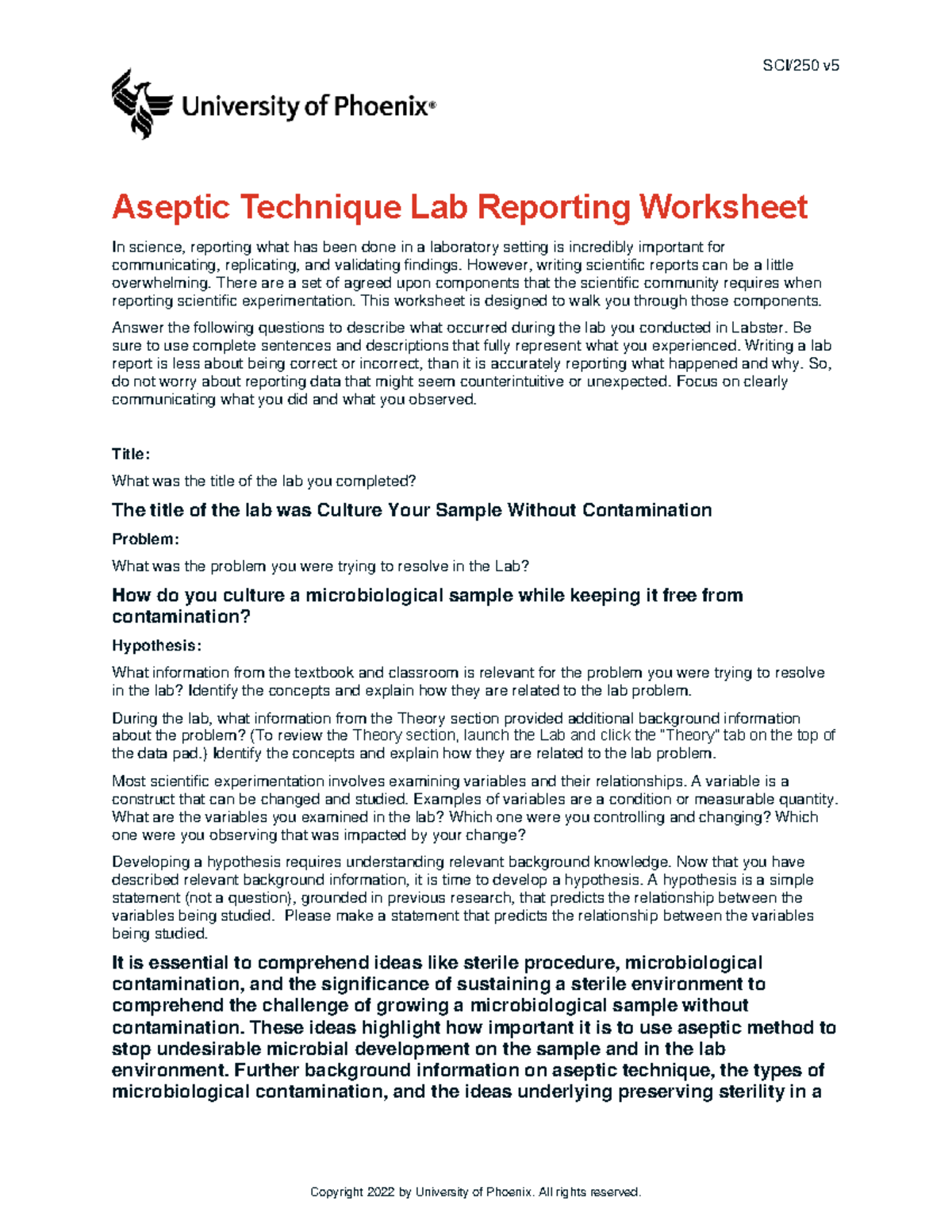The aseptic technique - Science - SCI/ 250 v 5 Aseptic Technique Lab Reporting Worksheet In ...