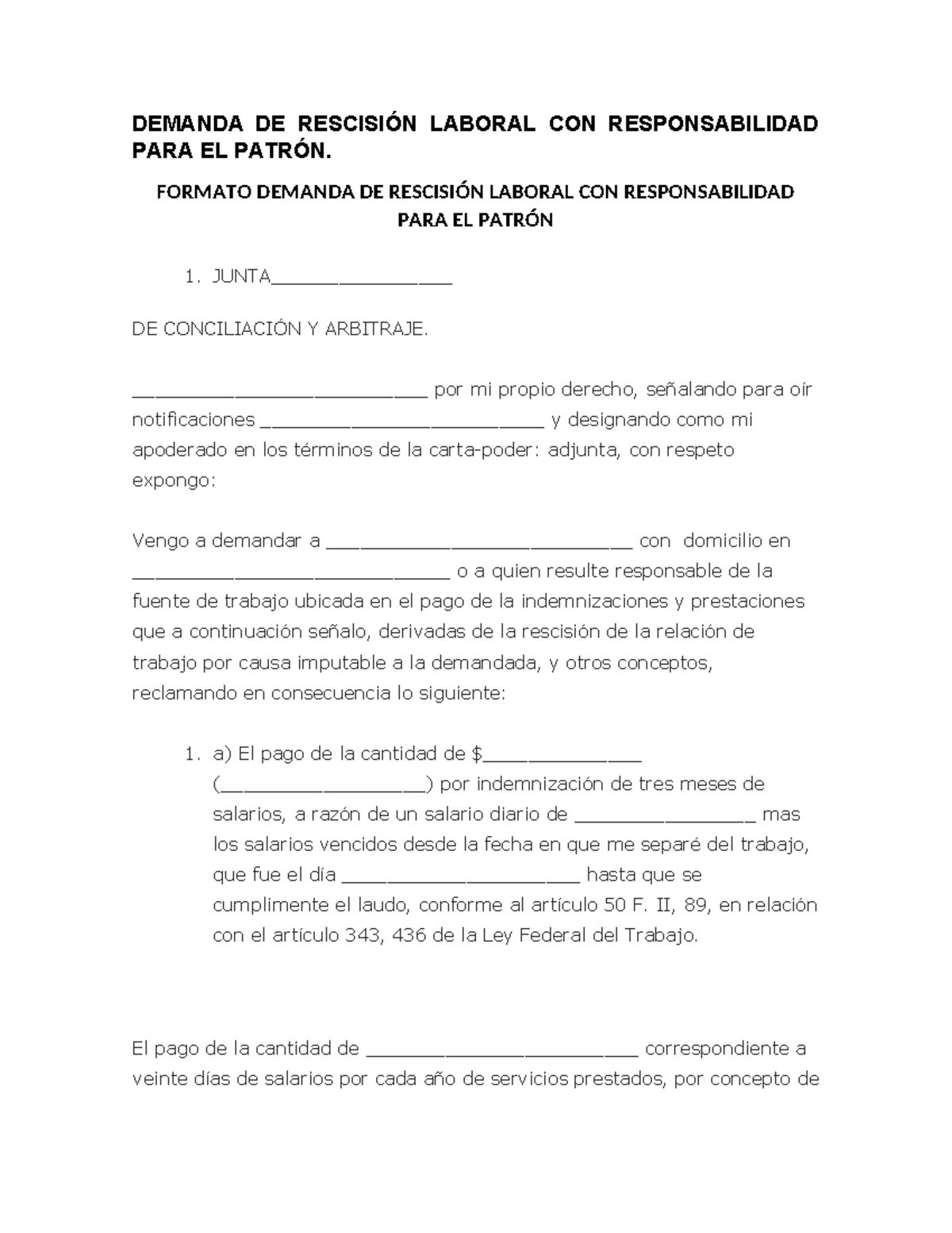 Formato Demanda DE Rescisión Laboral CON Responsabilidad PARA EL Patrón ...
