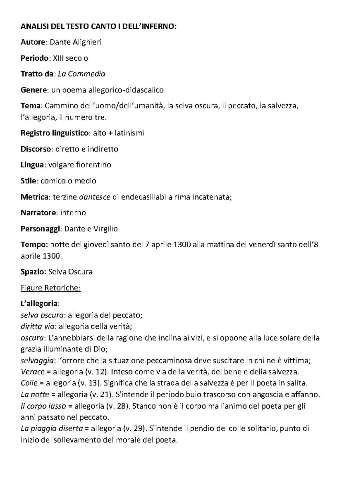 Canto I INFERNO - ANALISI DEL TESTO CANTO I DELL’INFERNO: Autore: Dante ...