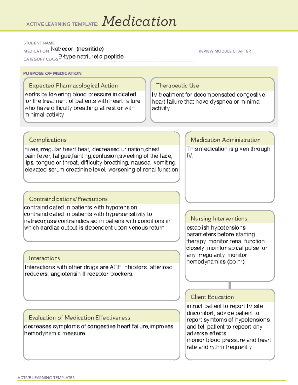Natrecor - med - ACTIVE LEARNING TEMPLATES Medication STUDENT NAME ...