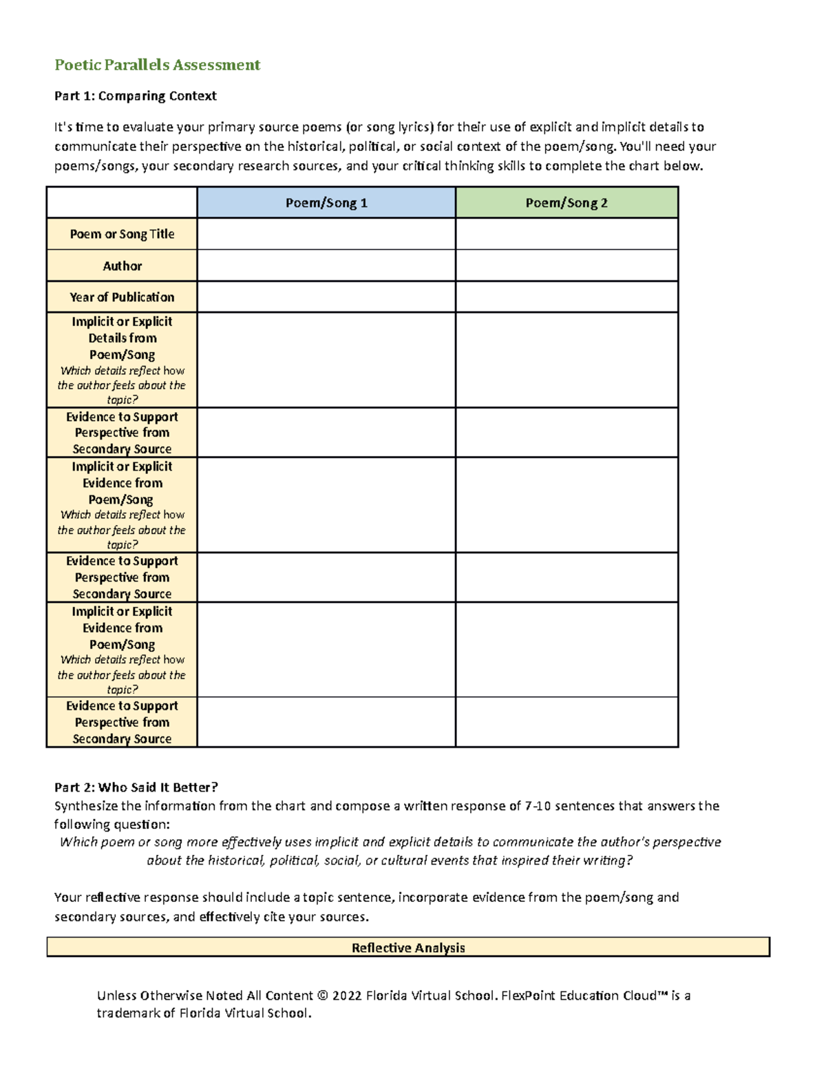 Poetic parallels assess rubric - Poetic Parallels Assessment Part 1 ...