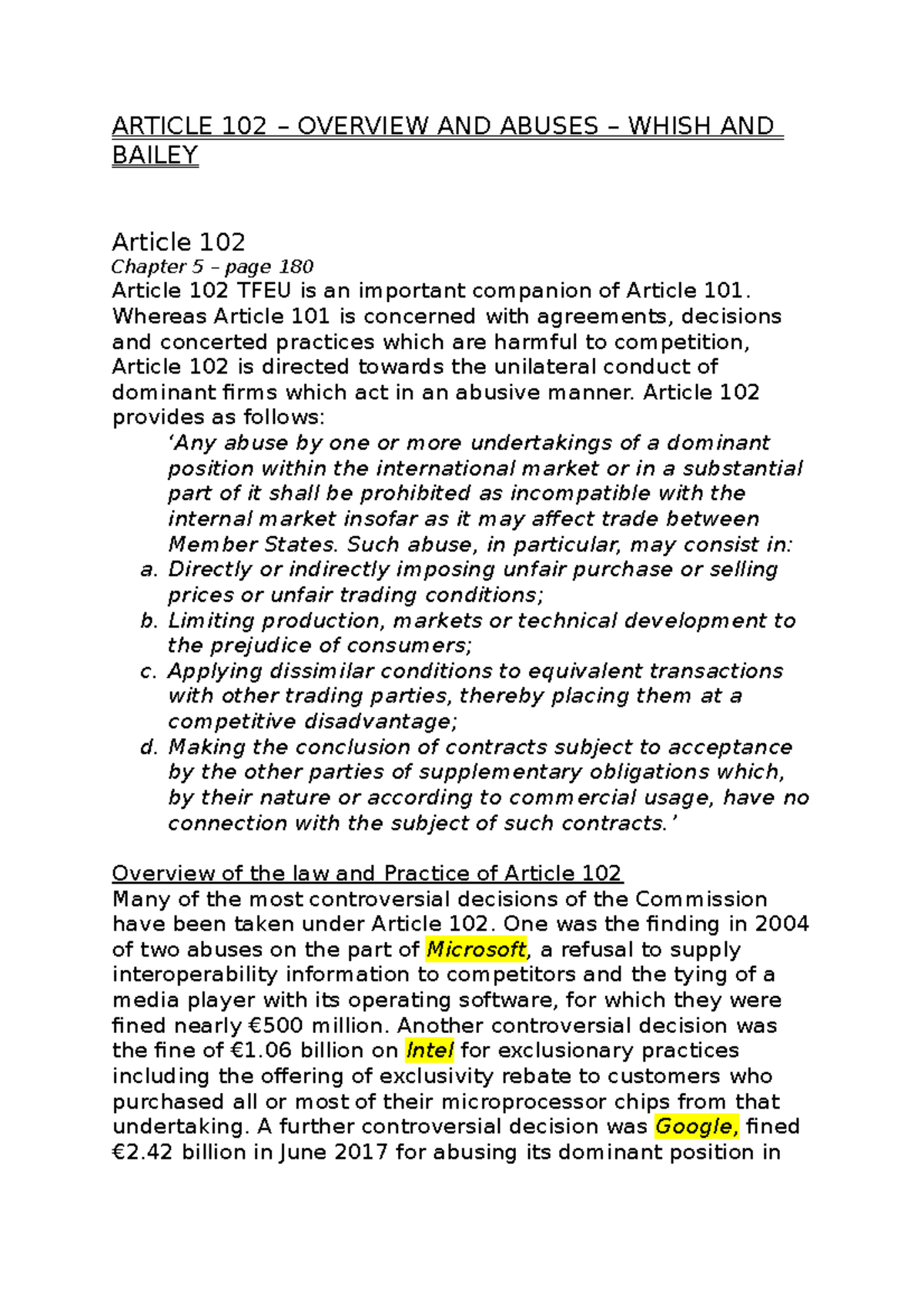 Article 102 - Whish and Bailey - ARTICLE 102 – OVERVIEW AND ABUSES ...