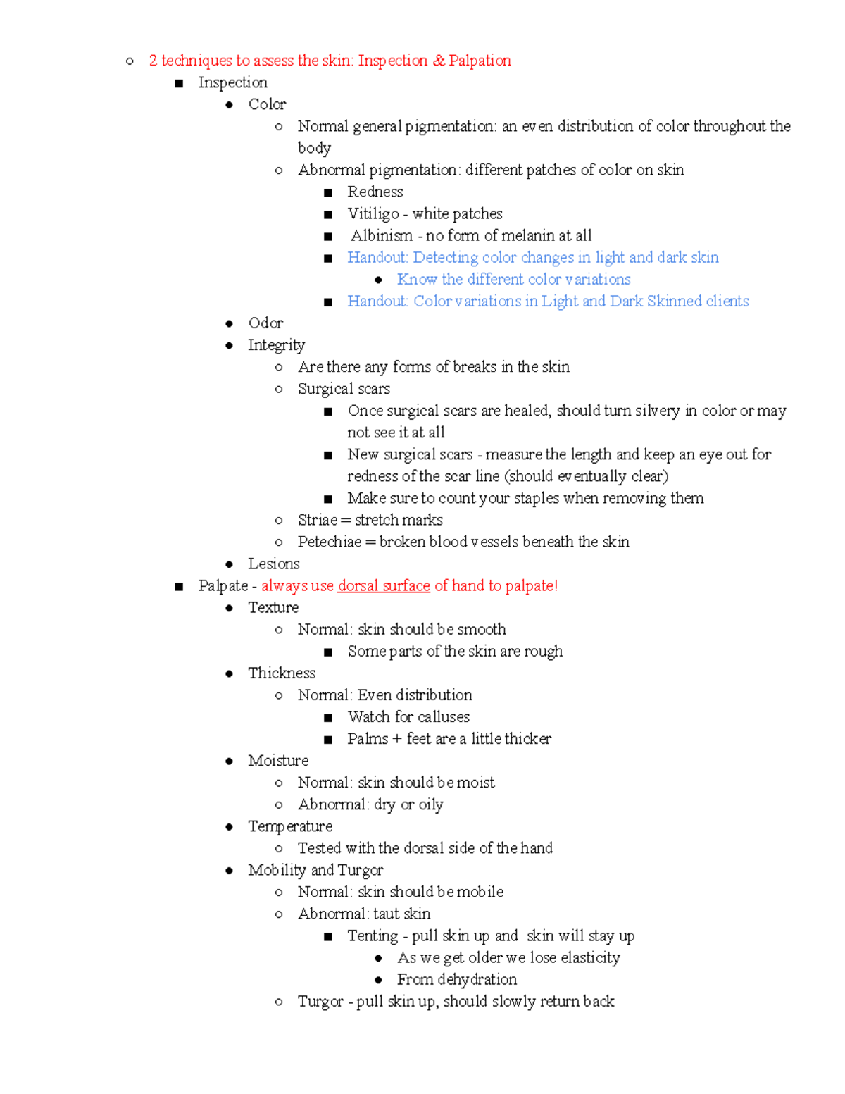 Health assessment 44 - study notes - 2 techniques to assess the skin ...