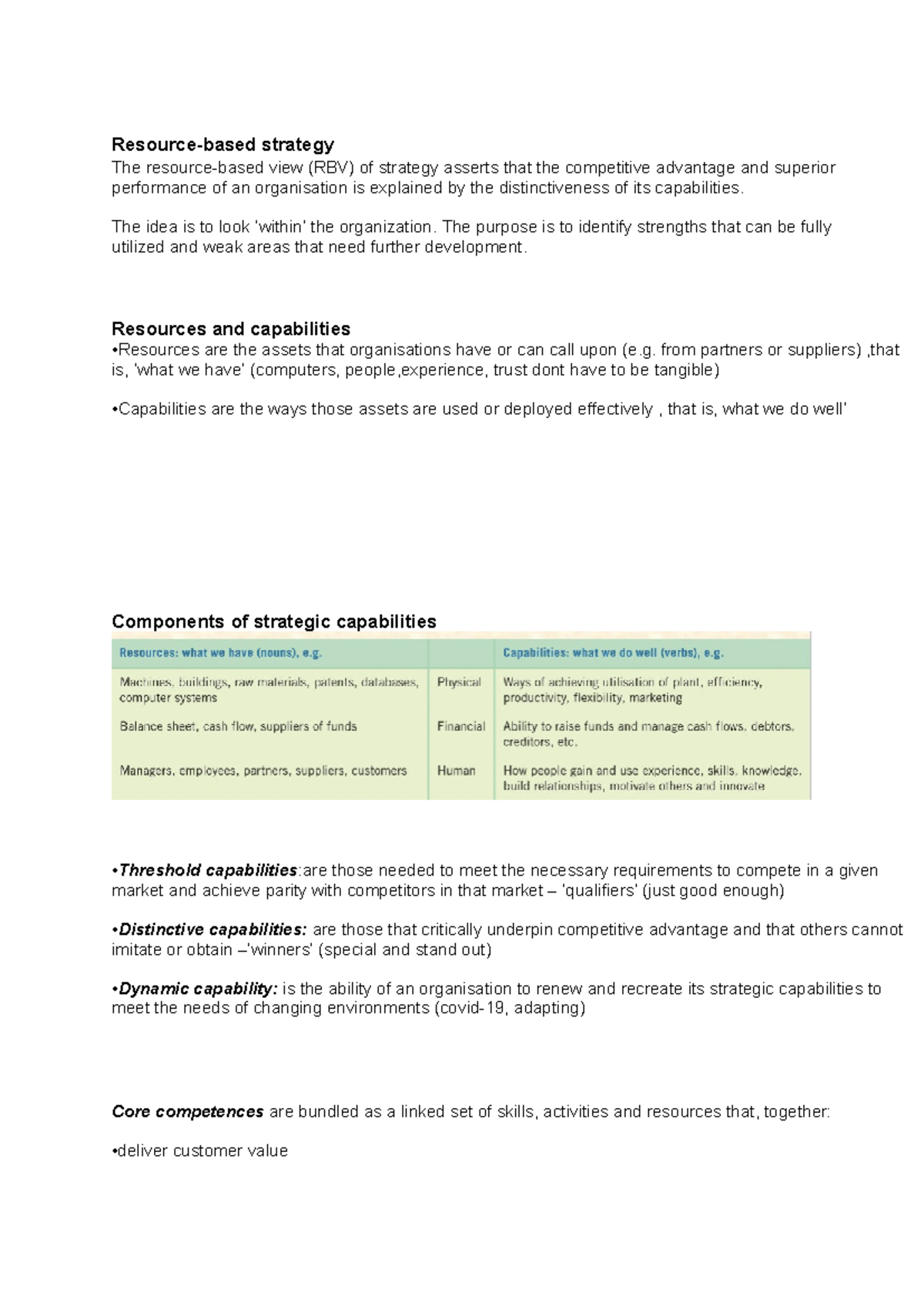 Wk4 - notes - Resource-based strategy The resource-based view (RBV) of ...