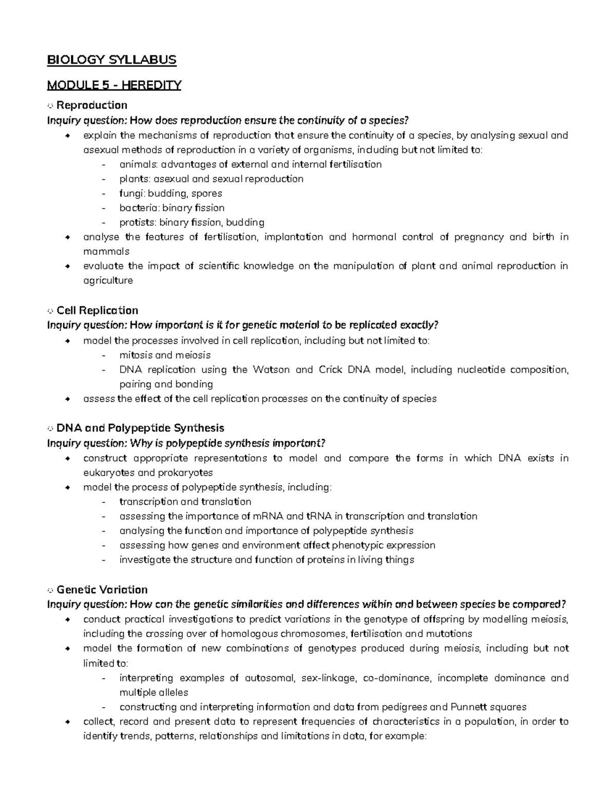 Biology Syllabus - BIOLOGY SYLLABUS MODULE 5 - HEREDITY Reproduction ...