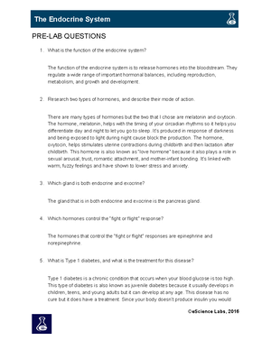 BIO 169 Endocrine Escience Lab Answers - PRE-LAB QUESTIONS What is the ...