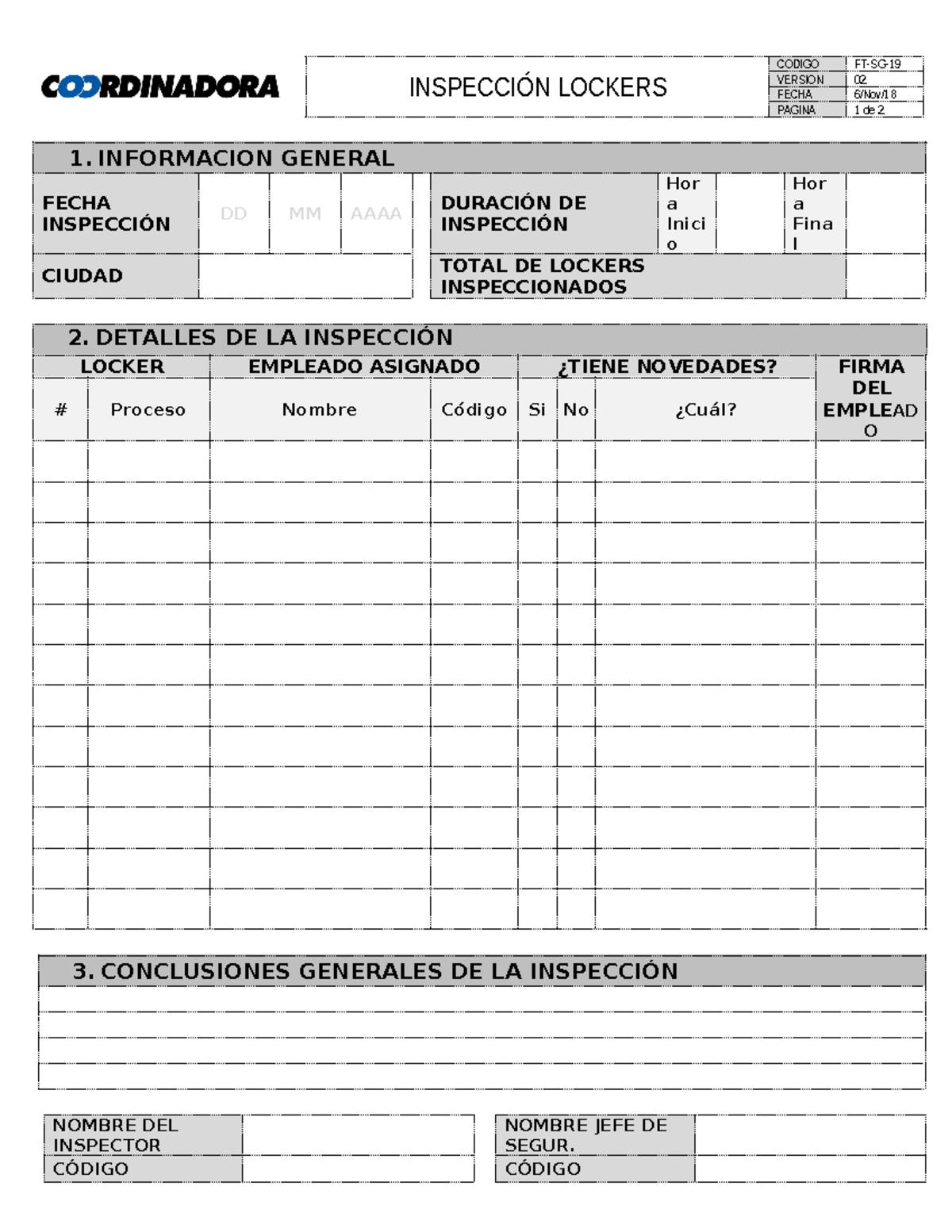 Inspeccion de Lockers - INSPECCIÓN LOCKERS CODIGO FT-SG- VERSION 02 FECHA 6/Nov/ PAGINA 1 de 2 1 ...