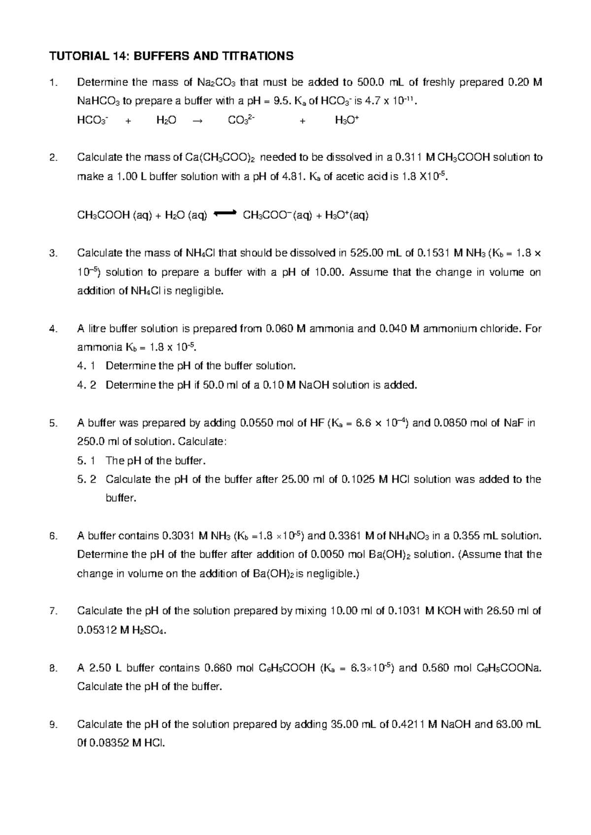 Tutorial Buffers and Titrations - TUTORIAL 14: BUFFERS AND TITRATIONS ...